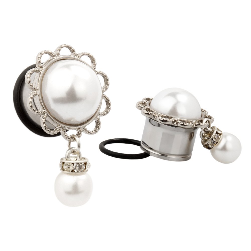 IPINK-Stainless Steel Pearl Pendant Ear Piercing Tunnel and Plugs Ear Expender Gauges (00G(10mm))
