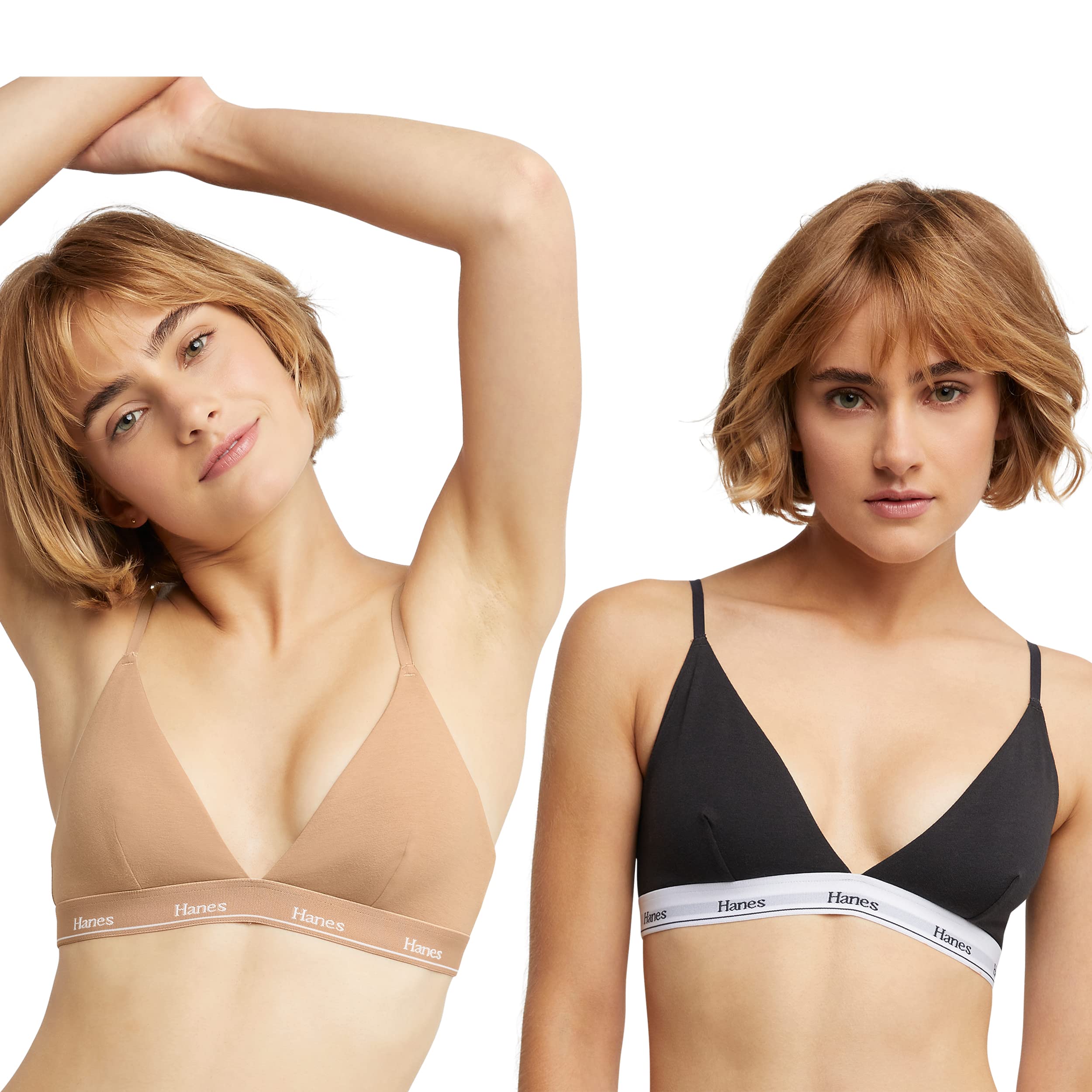 Hanes Women's Originals Triangle Bralette Pack, Breathable Stretch Cotton Bras, 2-Pack, Black/Deep Glow, Large