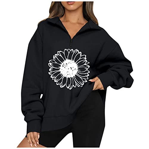 Lmzaren Womens Fashion Padded Sweatwear Solid Color Fall and Winter 1/4 Zipper Sweatshirt Casual Loose Tops Pullover