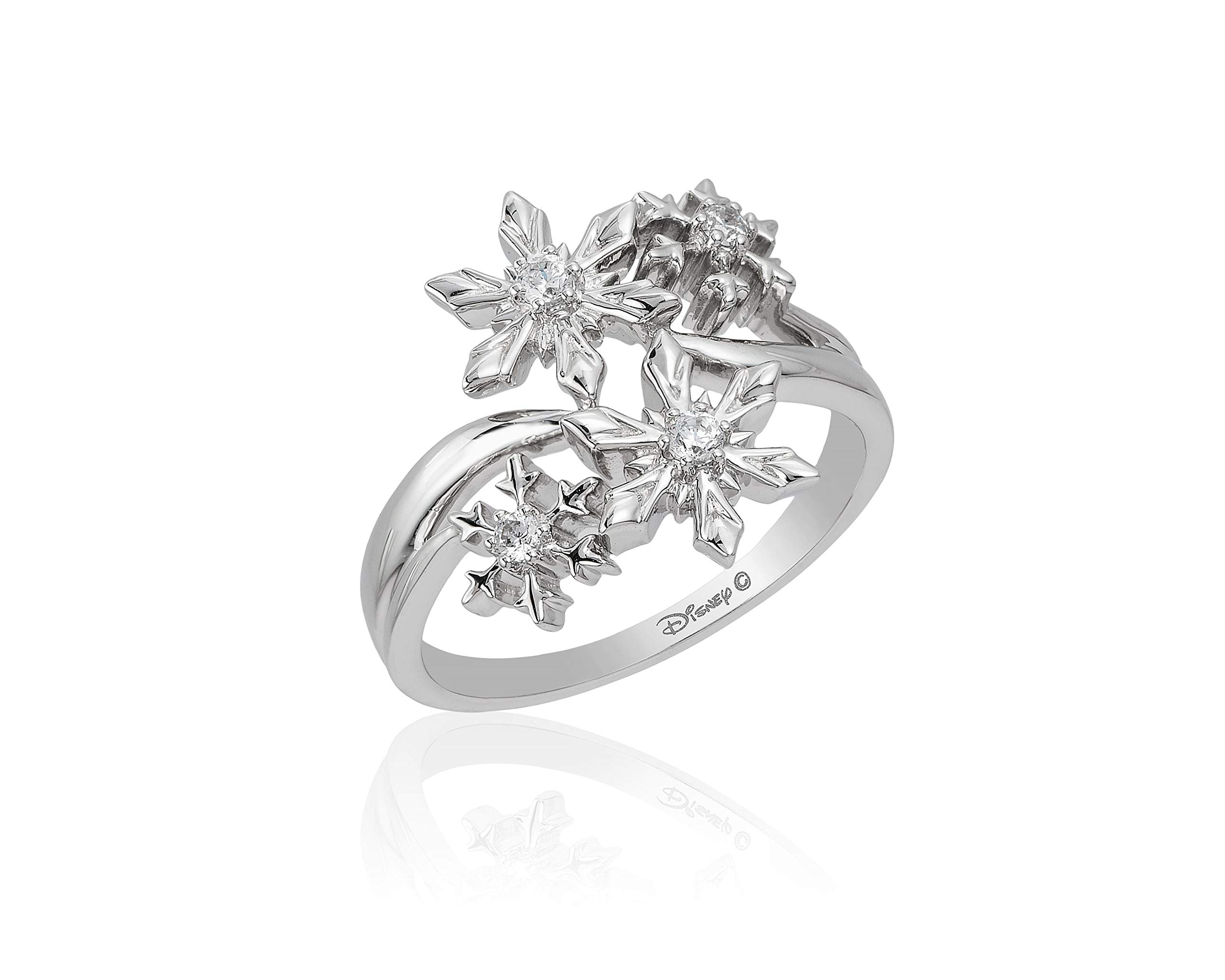 Jewelili Enchanted Disney Fine Jewelry Sterling Silver With 1/10 Cttw Diamonds Elsa Snowflake Ring, Size 5