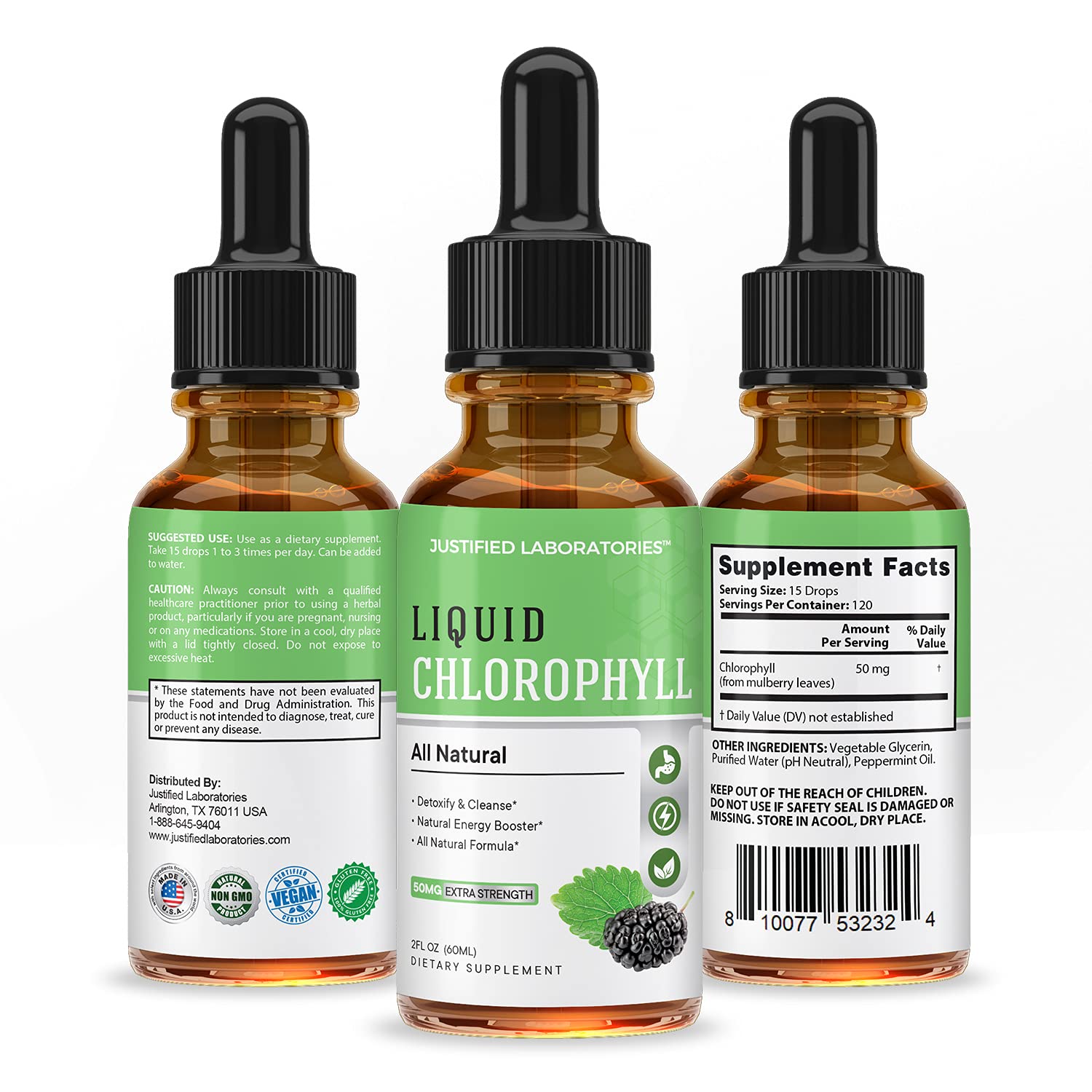 Justified Laboratories Liquid Chlorophyll Drops 6000MG Maximum Strength Green Concentrate Packed with Antioxidants Minerals and Vitamins 2 FL OZ Bottle (3 Bottles)
