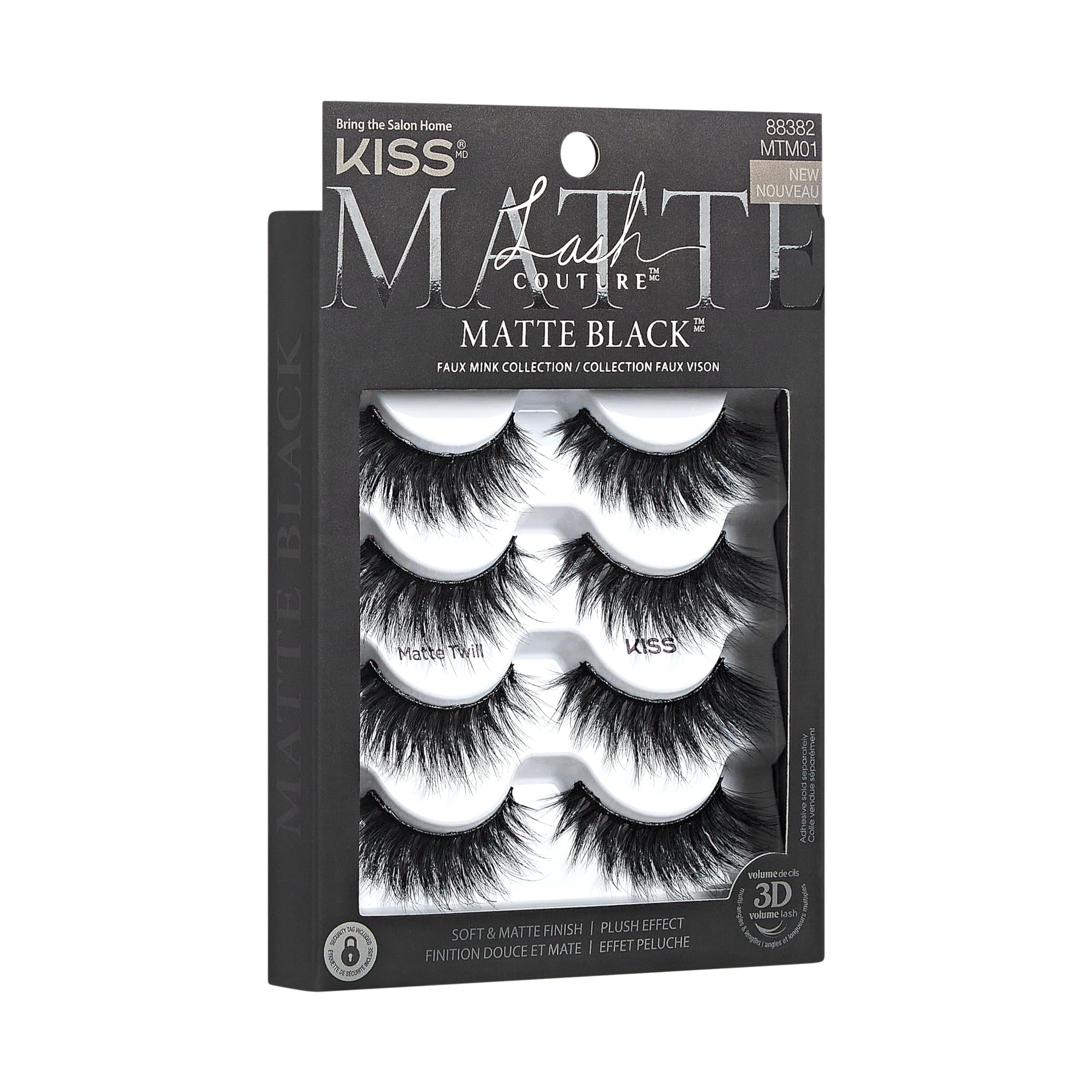 KISS Lash Couture 3D Matte False Eyelashes, Matte Twill', 14 mm, Includes 4 Pairs Of Lashes, Contact Lens Friendly, Easy to Apply, Reusable Strip Lashes