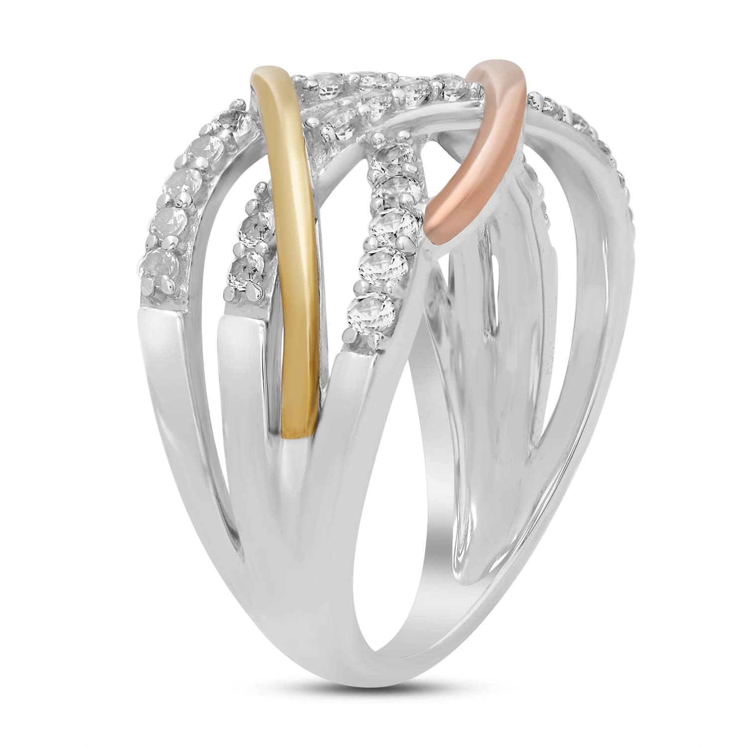 Jewelili Sterling Silver with 10K Rose and Yellow Gold 1.5MM and 1.7MM Round Created White Sapphire Engagement Ring, Size 7