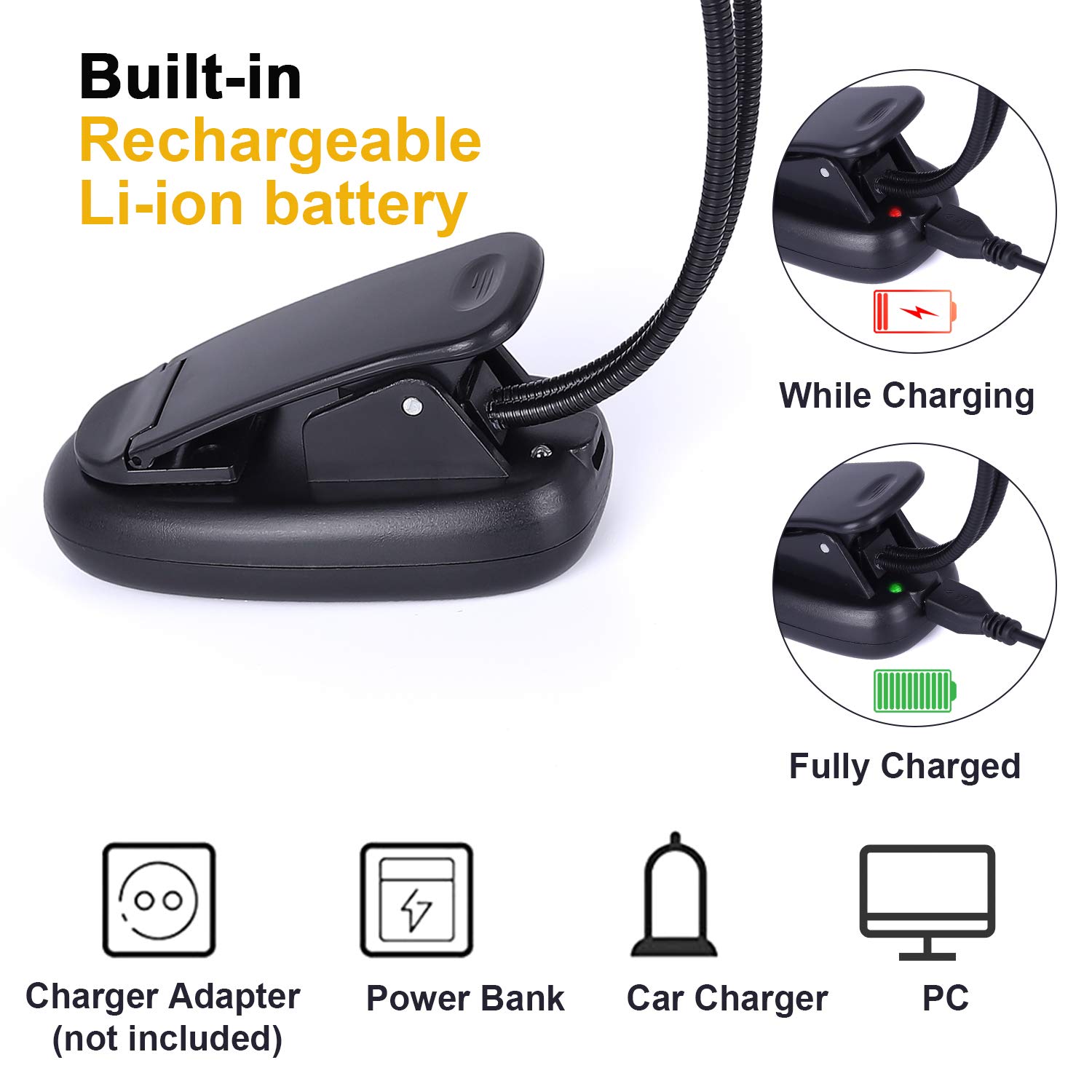 iGoober Rechargeable Music Stand Light, Clip on Reading Light, 8 LED Book Lamp, 3-Level Brightness for Eye Protection, Perfect for Piano, Orchestra, Bookworms, Craft (White & Warm, Dual Arm)