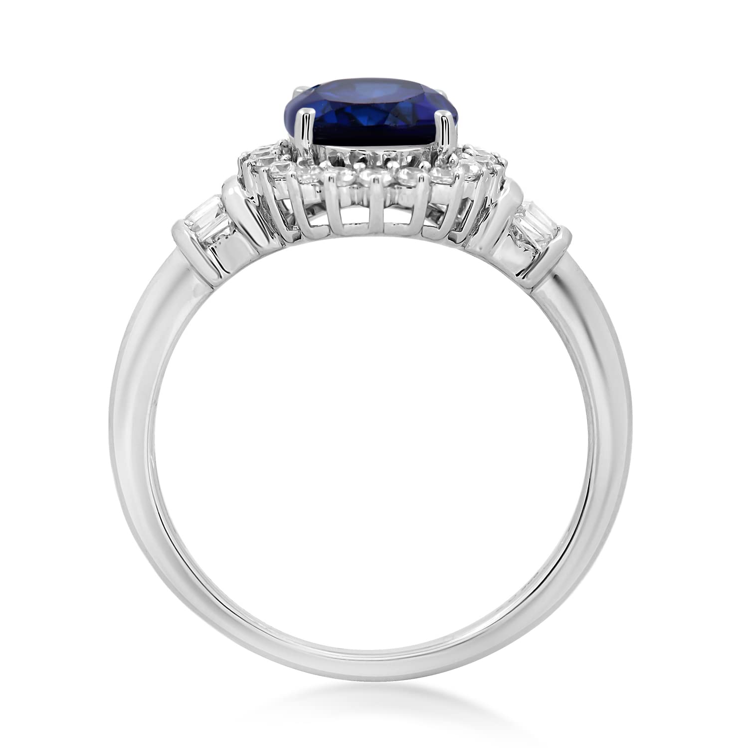 Jewelili Sterling Silver 9X7 MM Oval Created Blue Sapphire with Round and Baguette Created White Sapphire Halo Engagement Ring, Size 7
