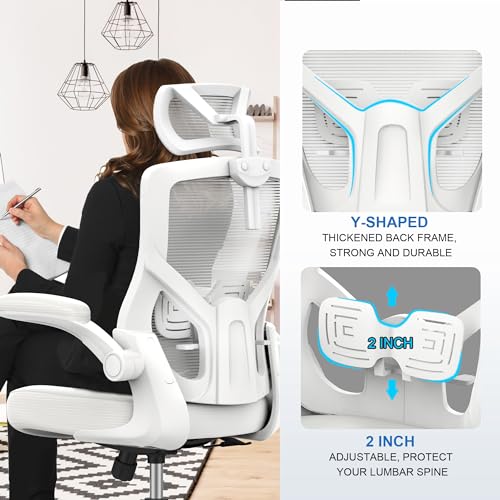 π―πΆπ΄π¬ πΆπππ°πͺπ¬ πͺπ―π¨π°πΉ, Ergonomic Mesh Desk Chair, High Back Computer Chair- Adjustable Headrest with Flip-Up Arms, Lumbar Support, Swivel Executive Task Chair (Modern, White)