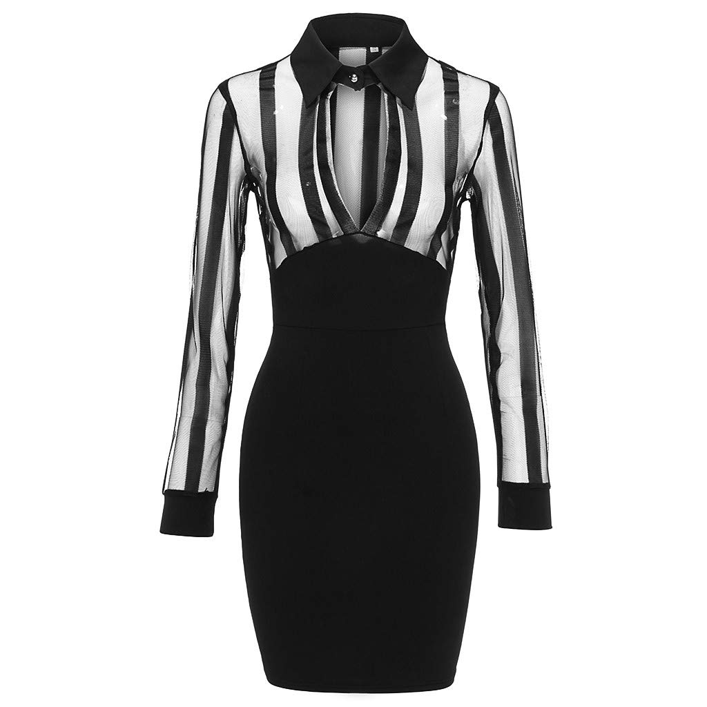 Keepfit Cutout Neck Dress for Women Striped Mesh Long Sleeve Wrap Dress Patchwork Bodycon Mini Dress Black