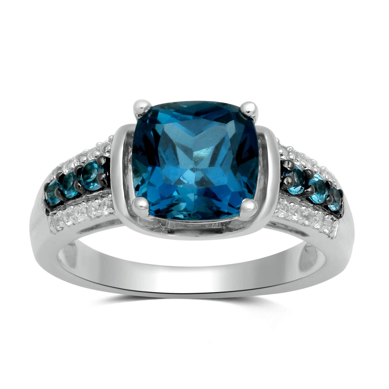 Jewelili Sterling Silver 8x8 MM Cushion and Round Cut London Blue Topaz with Round Created White Sapphire Ring, Size 7