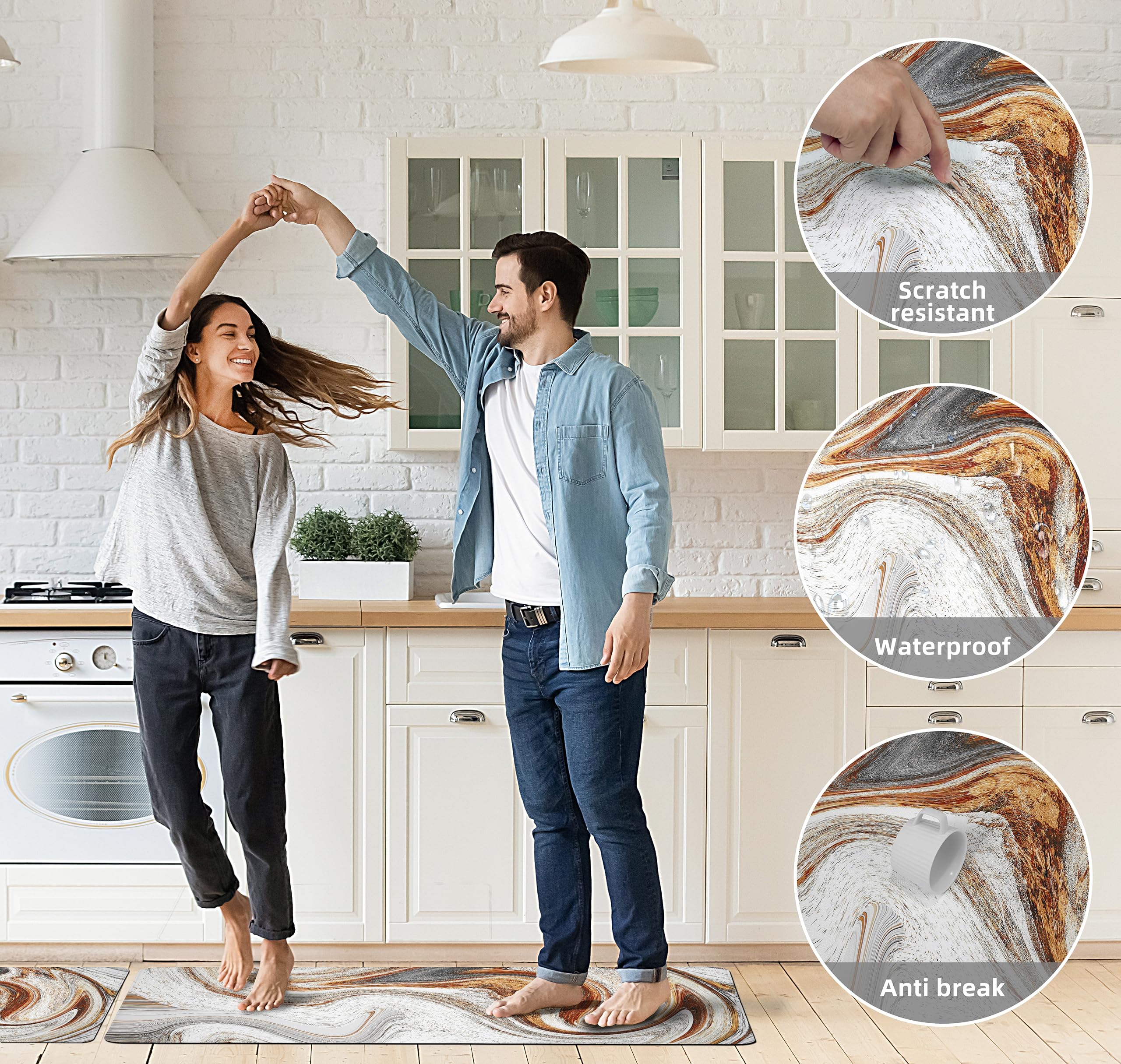 Kitchen Mats for Floor Anti Fatigue Floor Marble Cushioned Memory Foam Non Slip PVC Leather Padded Comfort Standing Rugs Set of 2, Abstract Golden Swirl Design, C1