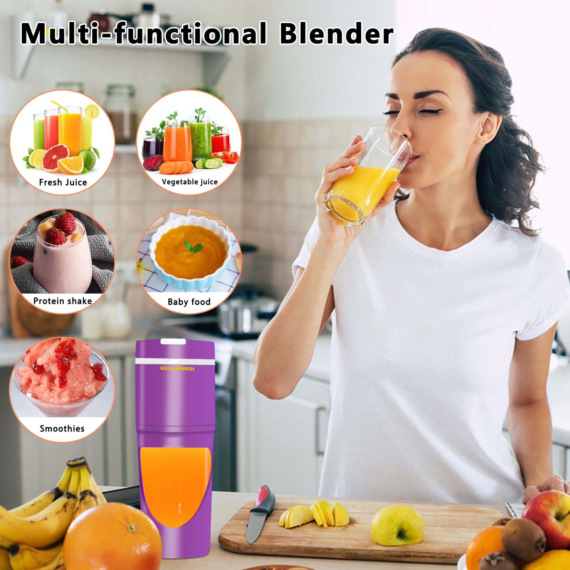 HOMEBETTER Portable Blender,USB Rechargeable Blender with 3000mAh Battery and 13.5 Oz Capacity Bottle BPA-Free, Mini Portable Blender for Shakes,Smoothies,Vegetable,Juice,Purple.