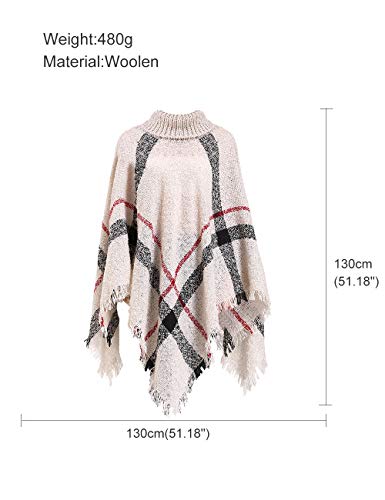 HITOP Womens Dress Ponchos, Boho Loose Tassel Plaid Poncho Turtleneck Jumper Knit Oversized Pullover Sweater Tops for Women Beige