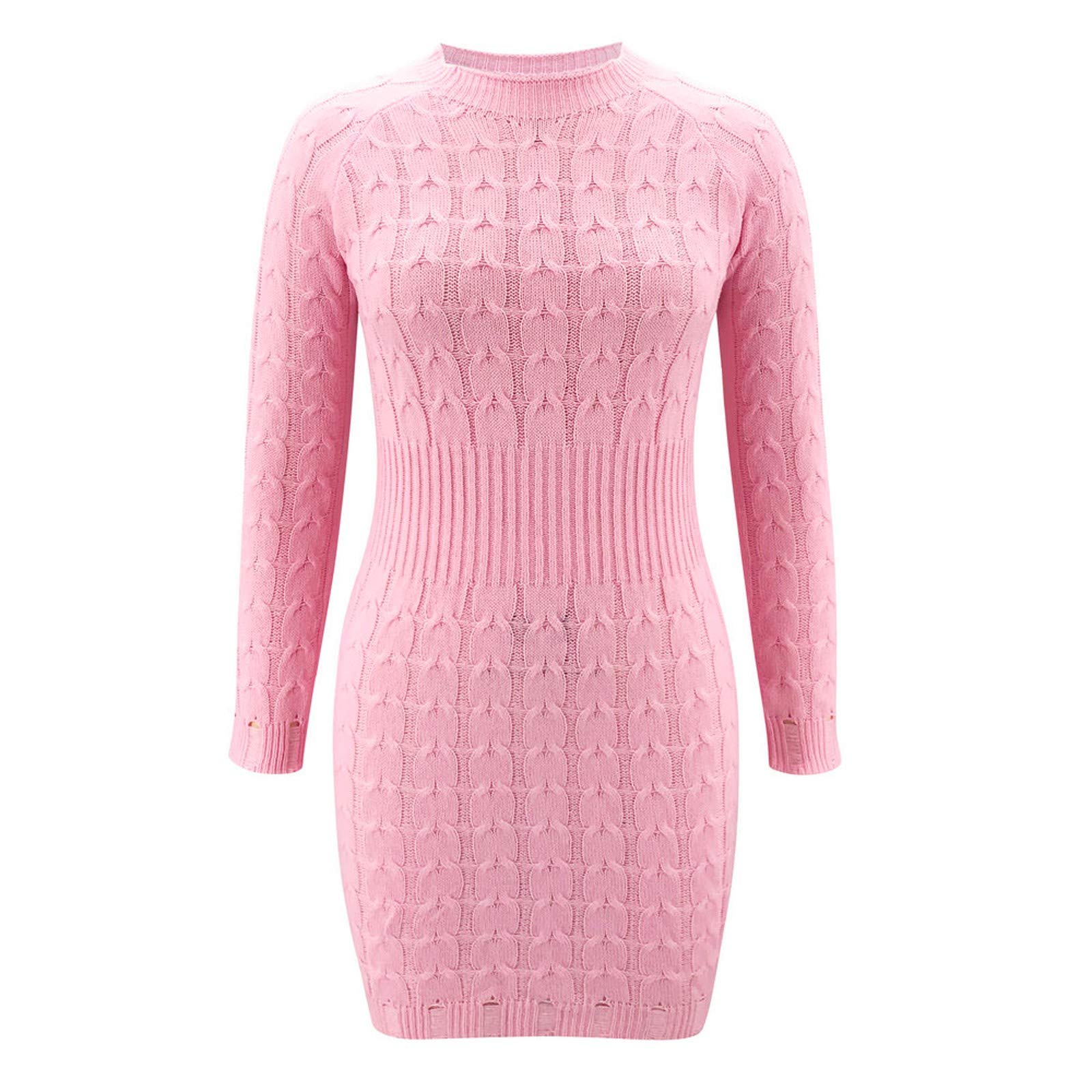 Keepfit Knitted Sweater Dress for Women Round Neck Long Sleeve Solid Wrap Spring Fall Mini Dress Pink