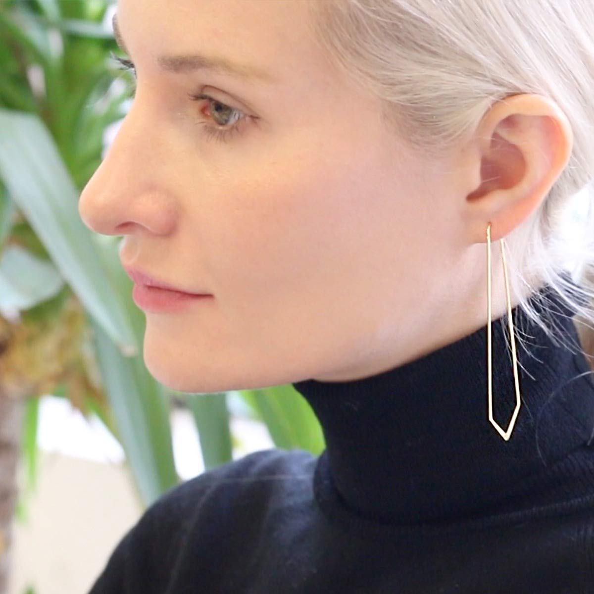 Humble Chic Geometric Chevron Threader Hoop Earrings - Hypoallergenic Lightweight Cutout Thin Wire Drop Dangles, 18K Yellow - 3 inch
