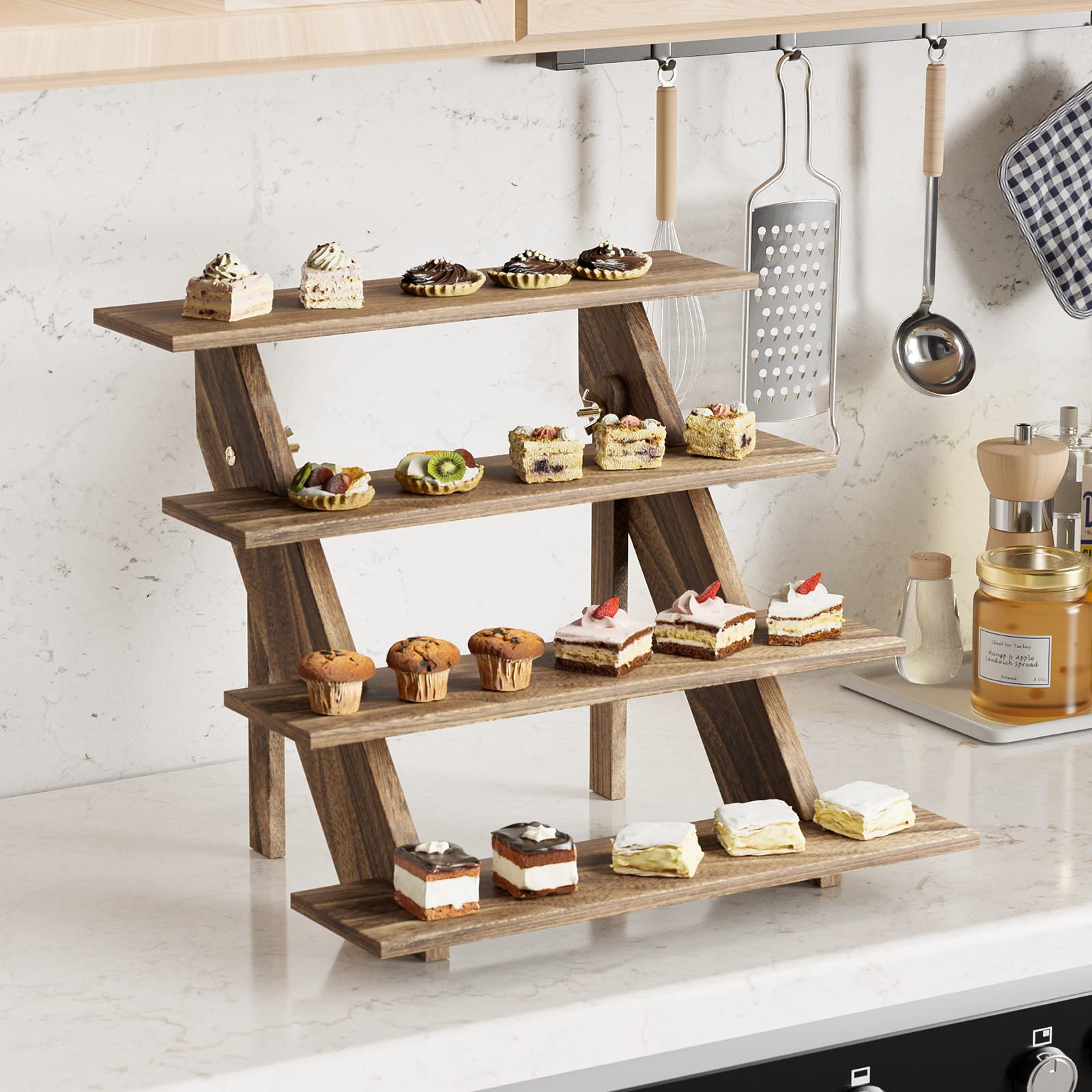 Homland Wooden Cupcake Stand Display Riser, 4-Tier Dessert Table Display Set 24 Cupcakes Tower for Vendors Tabletop Use, Rustic Wood Risers for Collectibles Decorative