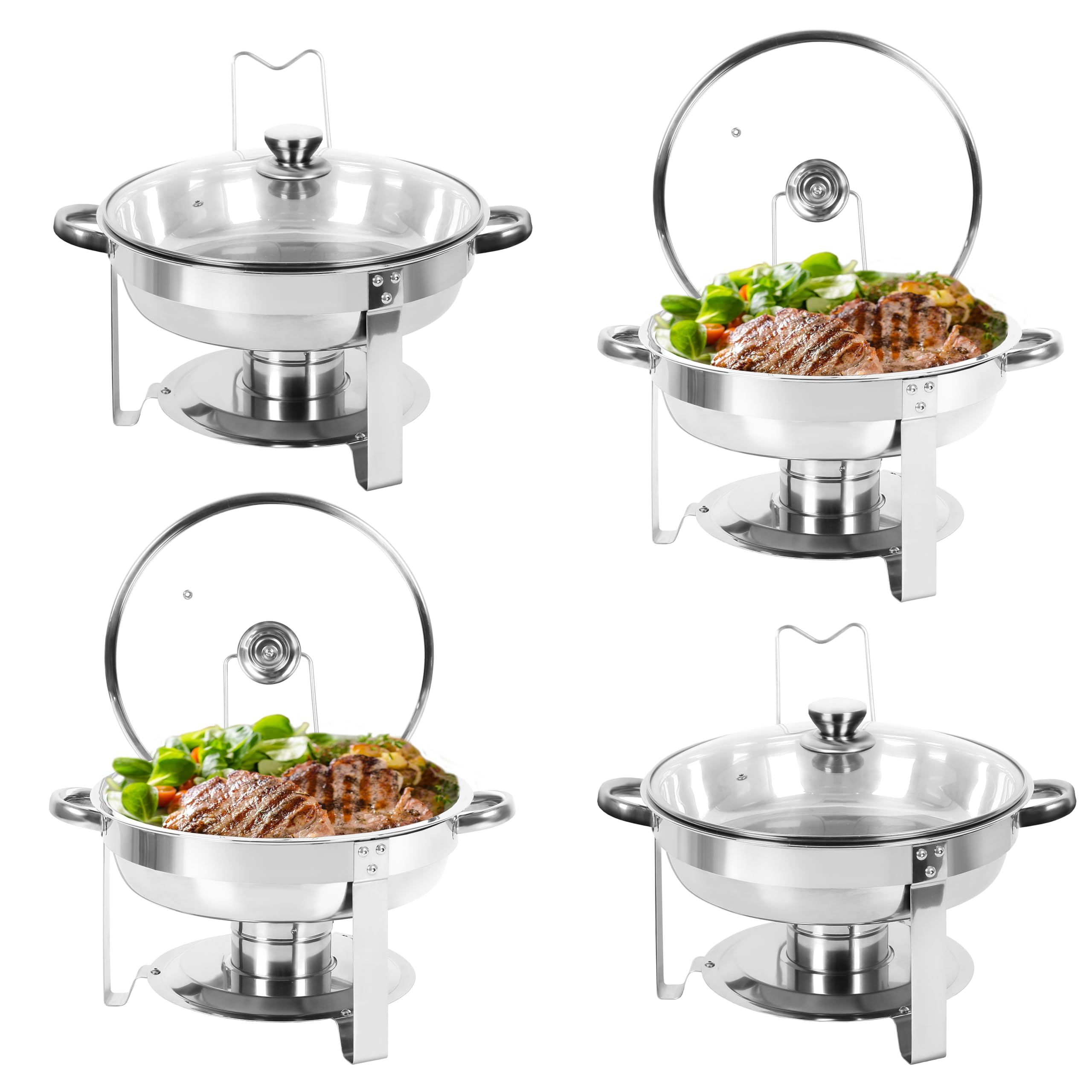 IMACONE Chafing Dish Buffet Set of 4, 5QT Round Stainless Steel Chafer for Catering, Upgraded Chafers and Buffet Warmer Sets with Glass Lid & Holder, Frame, Fuel Holder for Event Party Wedding Holida