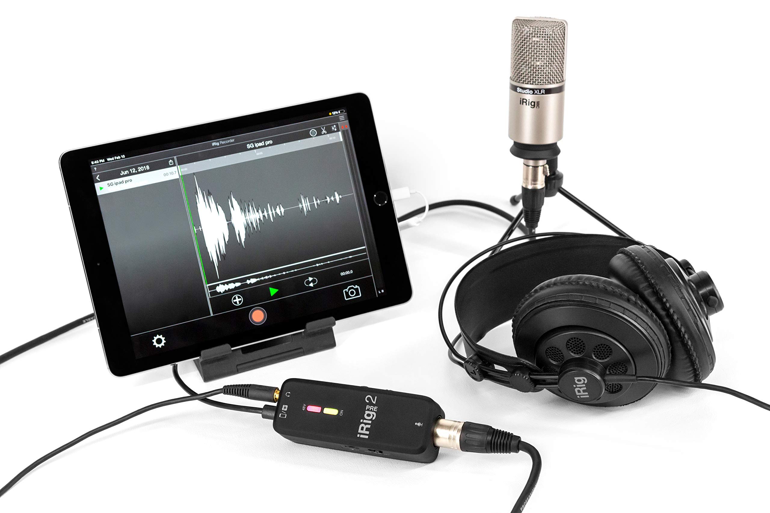 IK Multimedia iRig Pre 2 mic preamp adapter interface for iPhone, iPad, Android, iOS & DSLR cameras, with +48V phantom power, XLR connector & headphone output