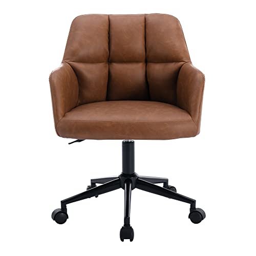 VESCASA Adjustable Home Office Desk Chair with Comfy Square Tufted Mid-Back, Faux Leather 360 Swivel Upholstered Task Armchair with Wheels for Teens Bedroom/Living Room, (Brown)