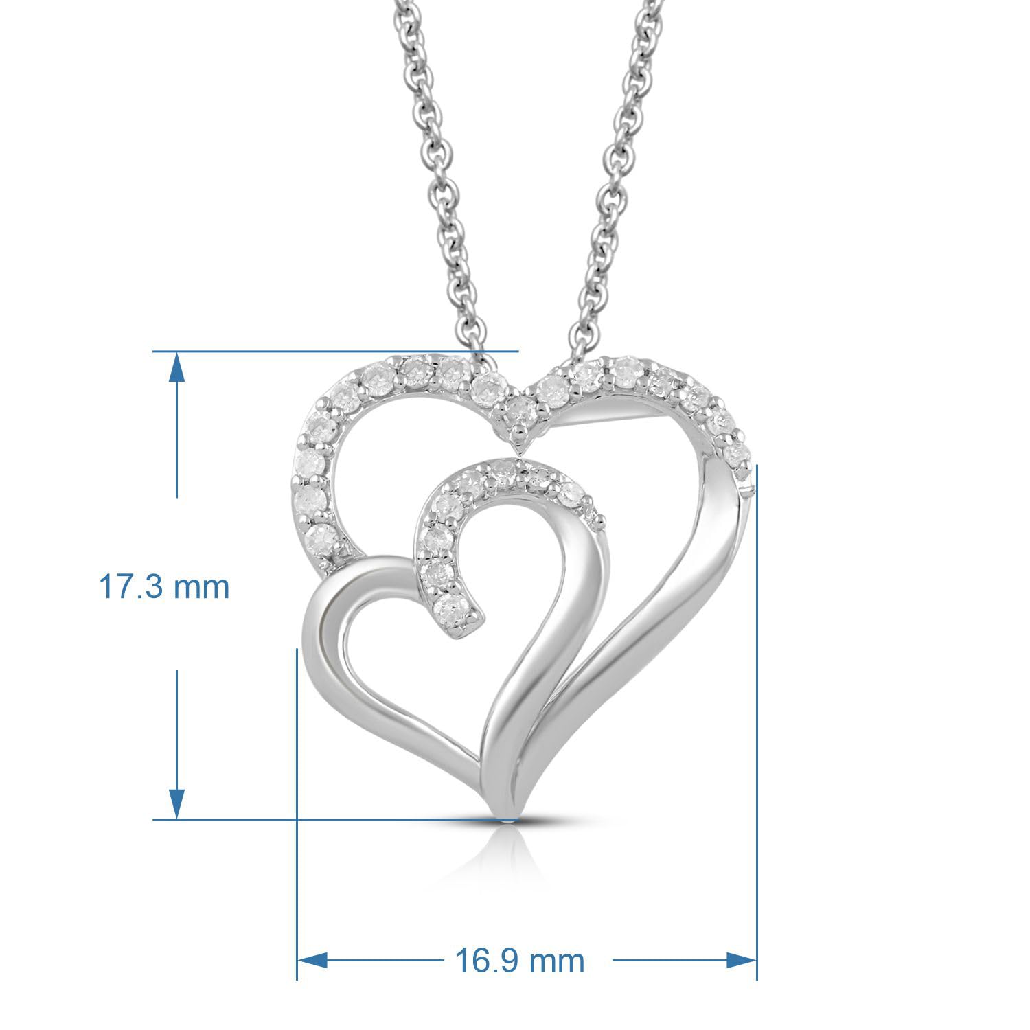 Jewelili Sterling Silver 1/4 Cttw Natural White Round Diamond Double Heart Pendant Necklace, 18" Cable Chain