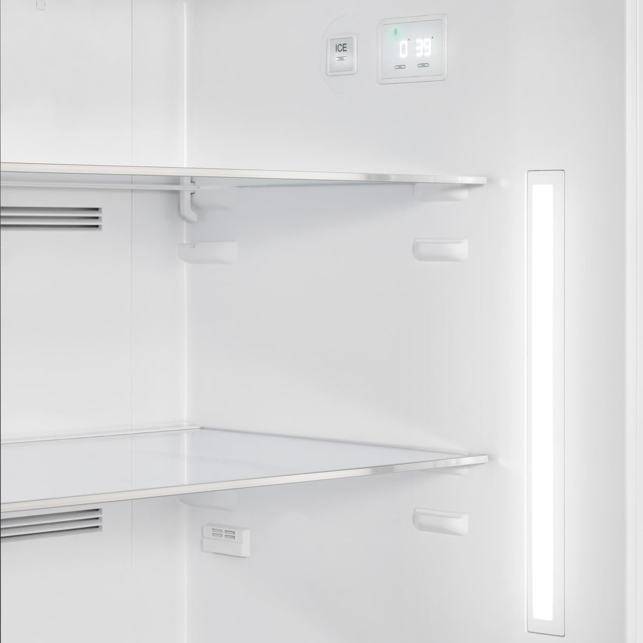 Smeg FAB50 50's Retro Style Aesthetic Top Freezer Refrigerator with Ice Maker 19.28 Cu Total Capacity Multiflow Cooling System Adjustable Glass Shelves Left Hand Hinge Cream Made In Italy