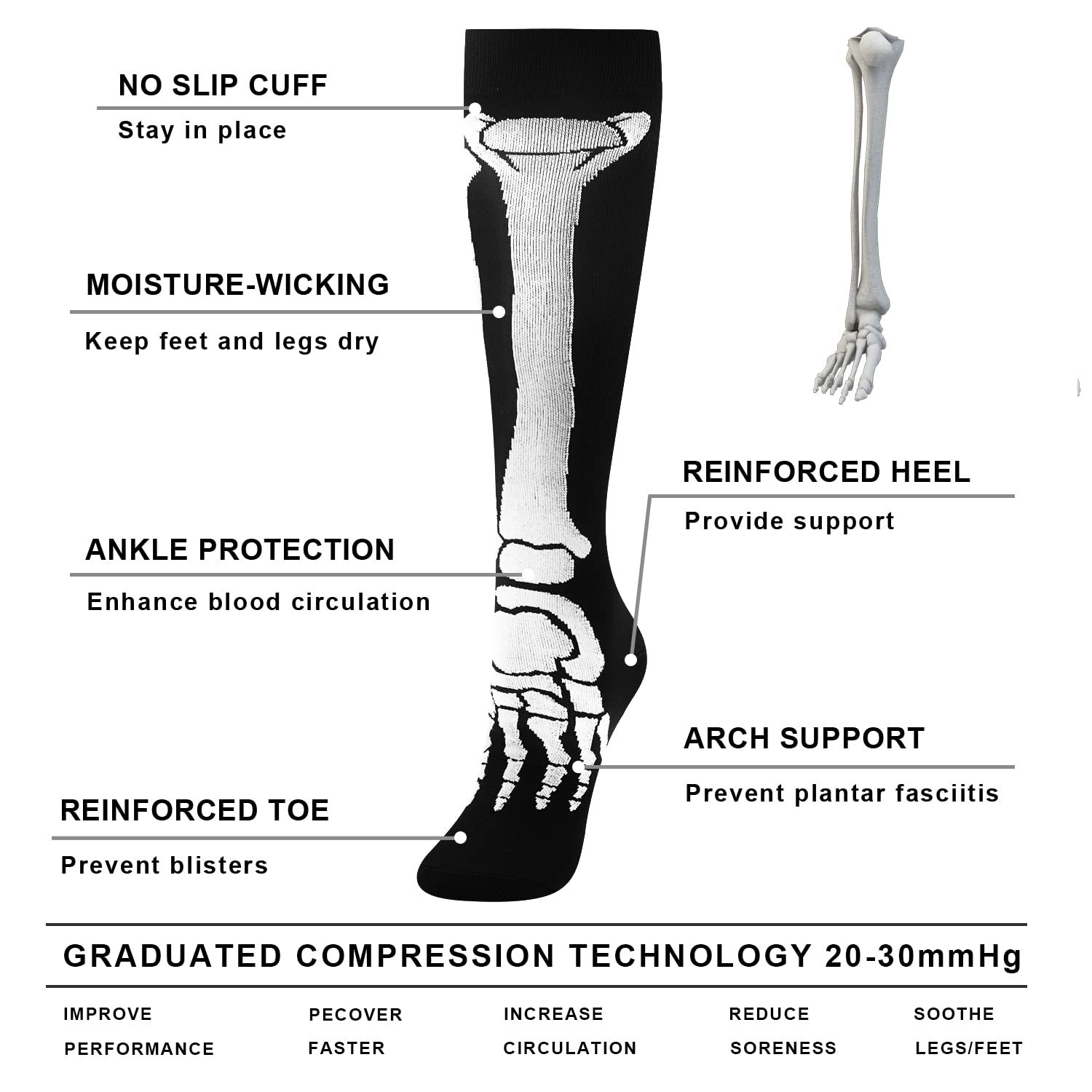 Junely Halloween Compression Socks for Women Knee High Skeleton Skull Gothic Stockings for Running Support Nurses Pregnancy Flying Sports Black