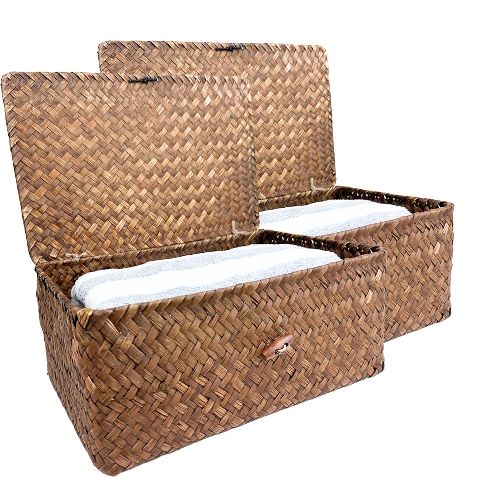 Shelf Storage Baskets with Lid, 2-Pack Wicker Storage Bakset, Woven Seagrass Decorative Boxes Storage Basket, Coffee Large+XLarge