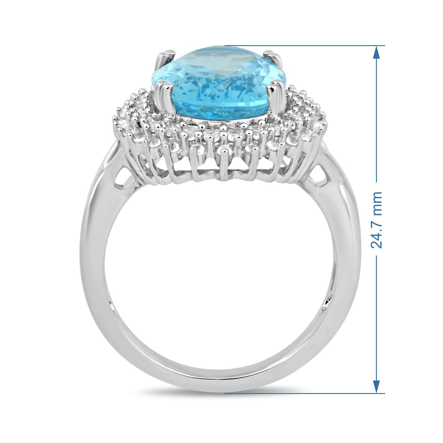 Jewelili Sterling Silver 14x10 MM Oval Swiss Blue Topaz and Round Created White Sapphire Solitaire Ring Size 7