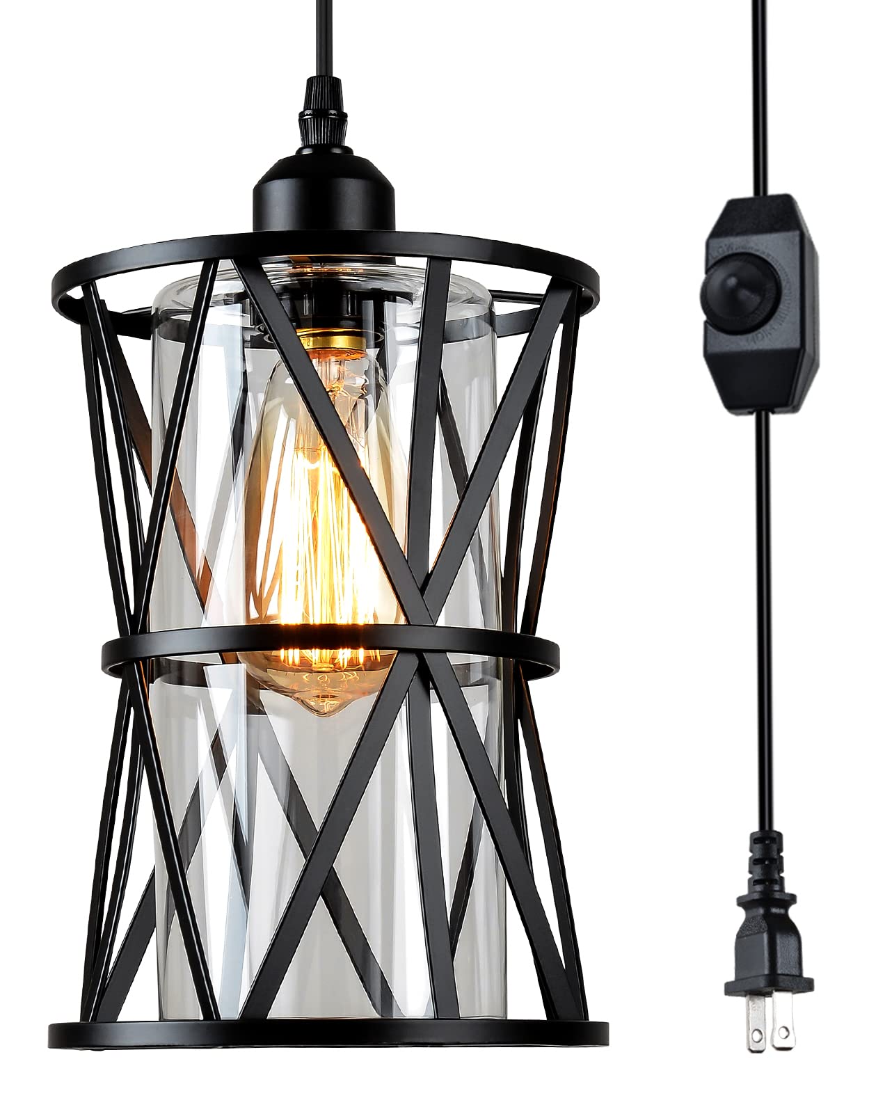 HMVPL Farmhouse Plug in Pendant Light, Outdoor Swag Lamp with Plug in Cord On/Off Dimmer, Plug in Hanging Light Fixture for Dining Room Bedroom Kitchen Island(1 Pack)