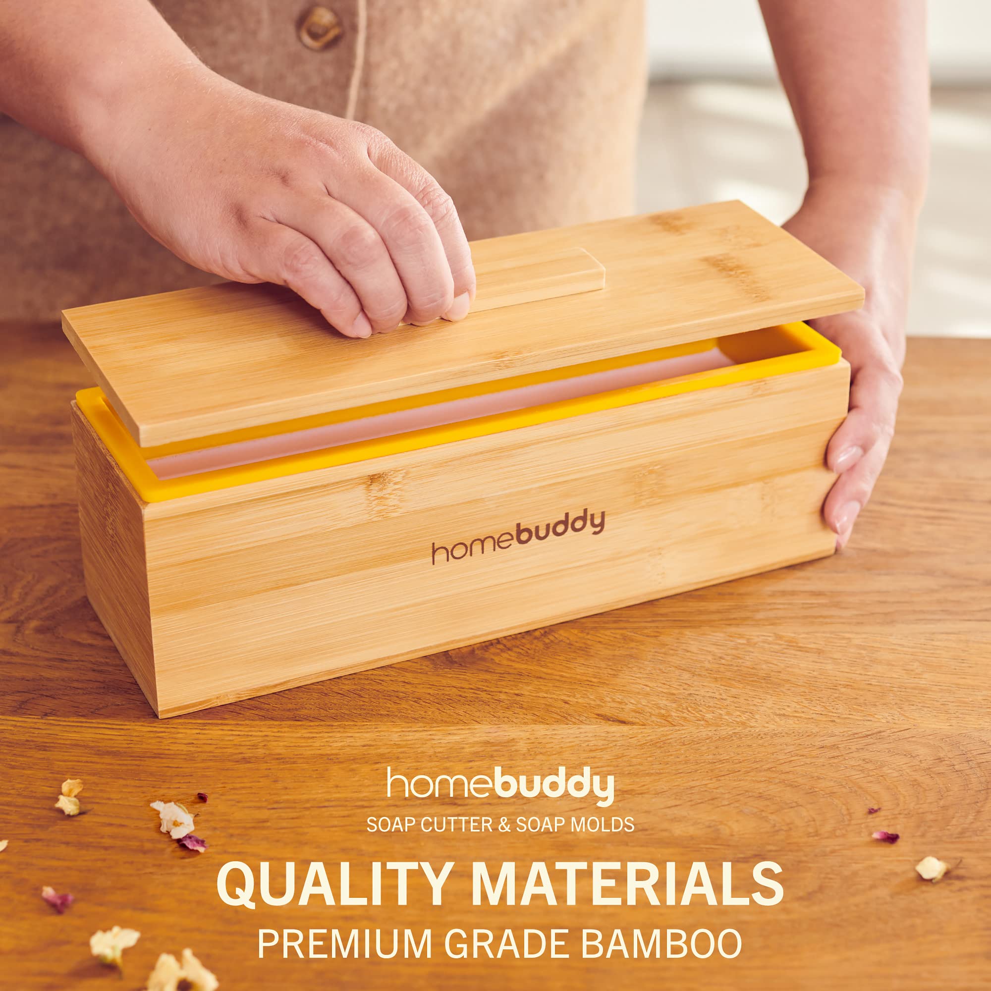 HomeBuddy Soap Molds with Soap Cutter Set - Ultimate Soap Making Supplies, Silicone Mold Making Kit with Bamboo Box and Lid, Adjustable Wooden Soap Mold Cutter - All in One Soap Molds for Soap Making