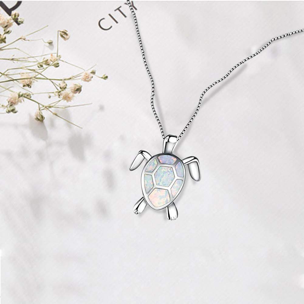Hithop Cute Turtle Pendant Necklace Lovely Animals White Fire Opal Plated Silver Necklace Jewellery Gifts (White)