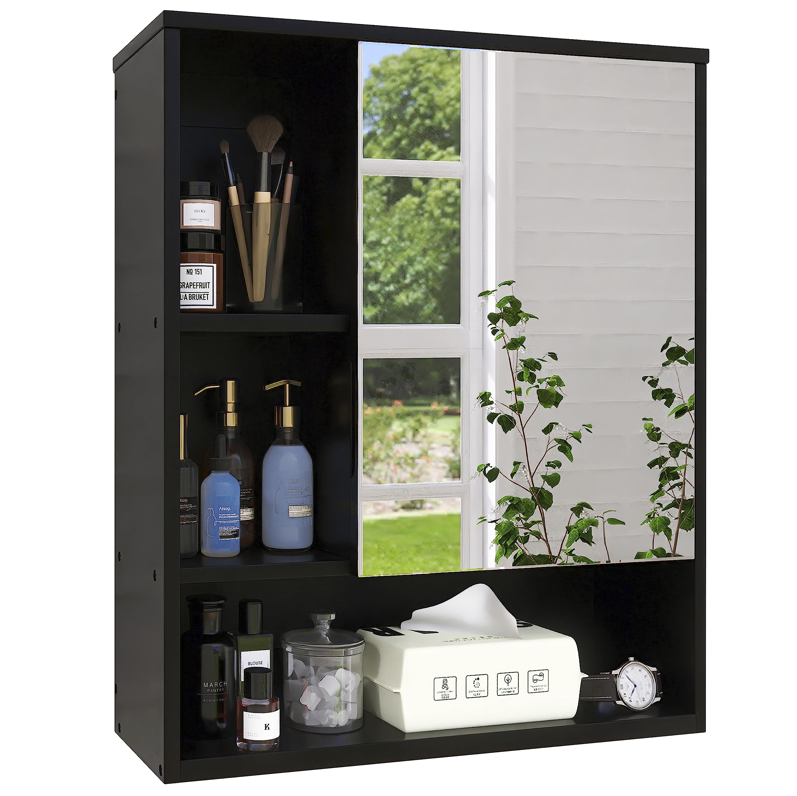 SMIBUY Bathroom Mirror Cabinet Wall Mounted, Bamboo Space Saver Medicine Cabinet, Wall Hanging Over Toilet Storage Cabinet with Mirror Door and Adjustable Shelf (Black)