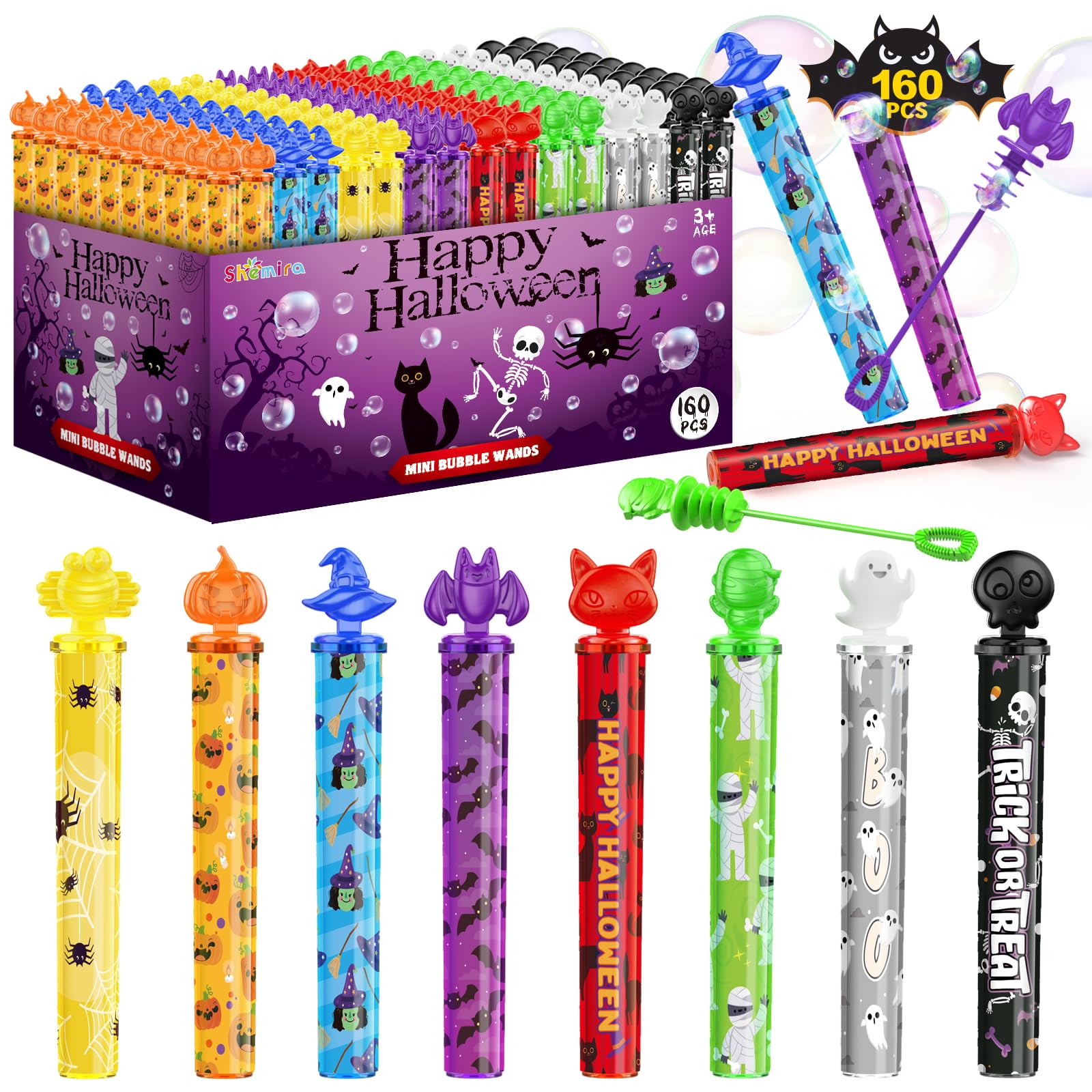 Shemira 160pcs Halloween Bubble Wands, Halloween Party Favors for Kids, Halloween Goodie Bags Fillers, Halloween Trick Or Treating Toys Bulk, for Kids, Halloween Miniatures Prizes
