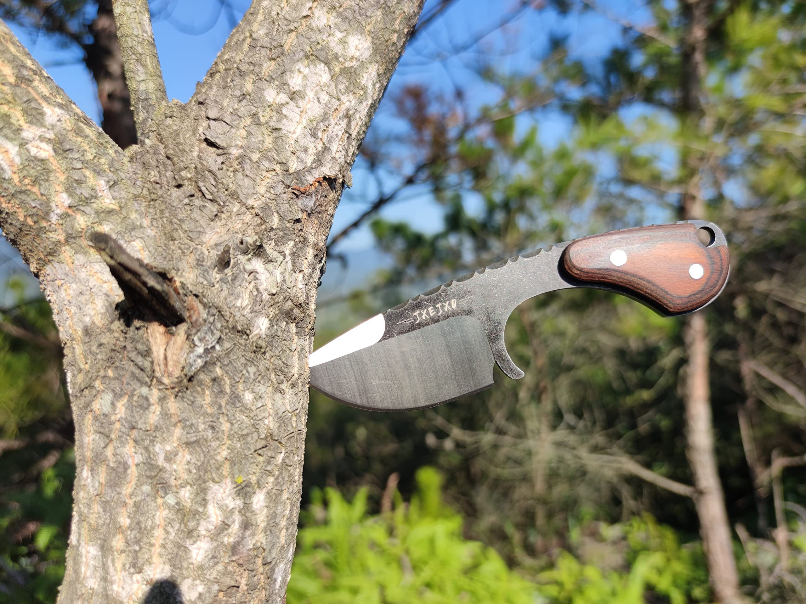 JXE JXO Fixed Blade Outdoor Knife with Sheath, Full Tang Cleaver Hunting Field Knife, Survival Knife with Red Wood Handle