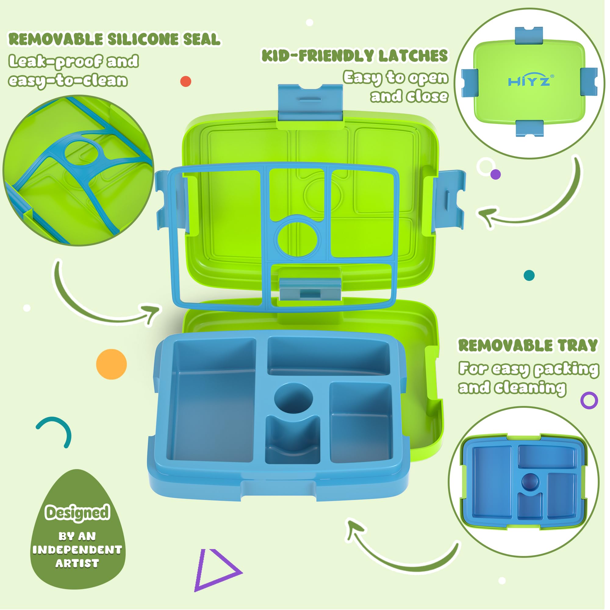 HiYZ Dinosaur Bento Box for Kids, Kids Lunch Box with 5-Compartment, Kids Bento Lunch Box for Ages 3-7, Leak-Proof, Durable, Lunch Box Containers for Kid Back to School Meals, Snack Packing, Travel
