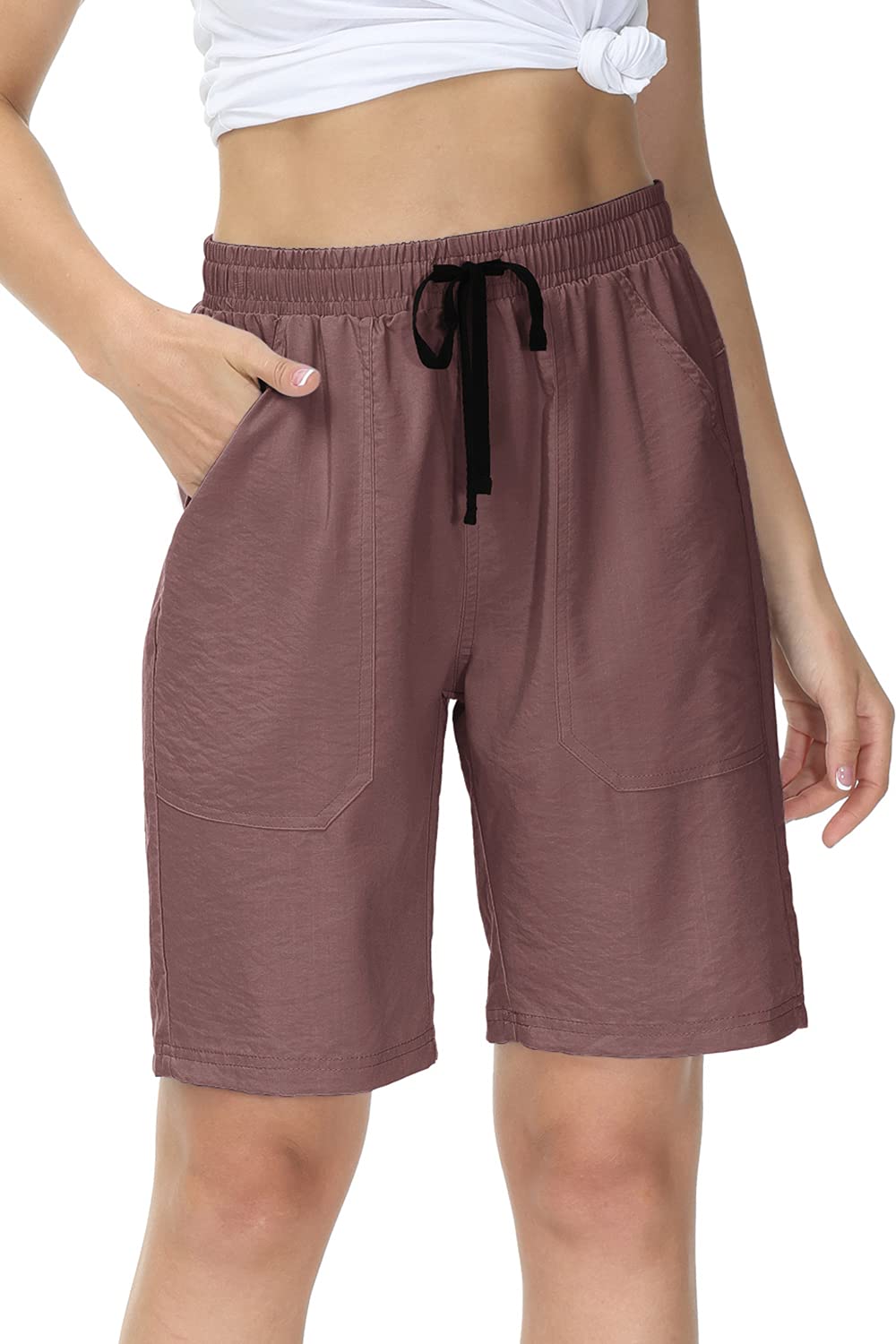 JINSHI Bermuda Shorts for Women with Pockets Loose Comfy Drawstring Elastic Waist Lounge Short Bean Paste, L