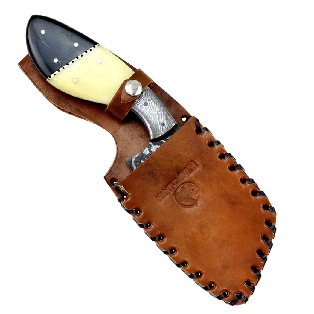 HUNT-DOWN 9" Damascus Blade Horn Handle Hunting Knife with Leather Sheath