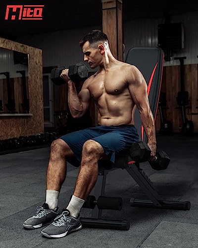 HITOSPORT Adjustable Weight Bench for Full Body Exercise, Foldable Strength Training Bench Press with Resistance Bands for Home Gym & Body Workout Newly Upgraded