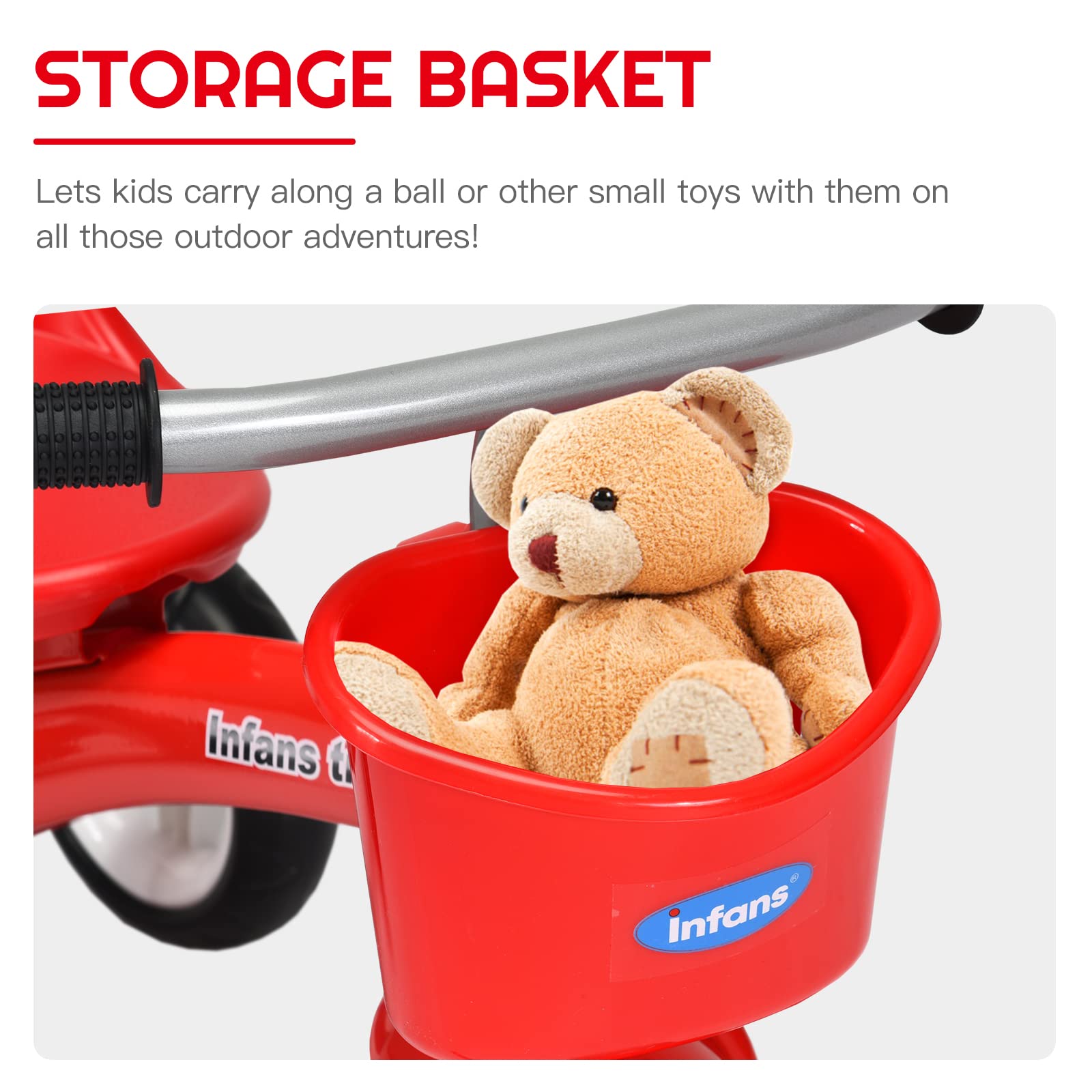 INFANS Kids Tricycle Rider with Adjustable Seat, Storage Basket, Premium Quiet Wheels, Non-Slip Handle (Red)