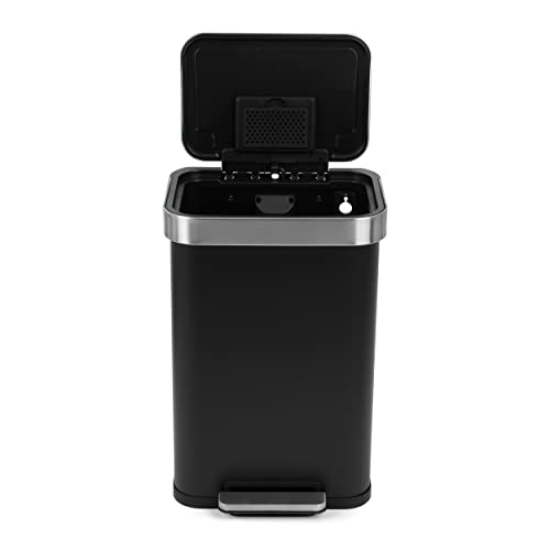 SIMPLI-MAGIC 50 Liter Soft-Close, Smudge Resistant Trash Can with Foot Pedal and Built in Filter-Stainless Steel, Sleek Finish, 50L/13.2 Gallon, Black