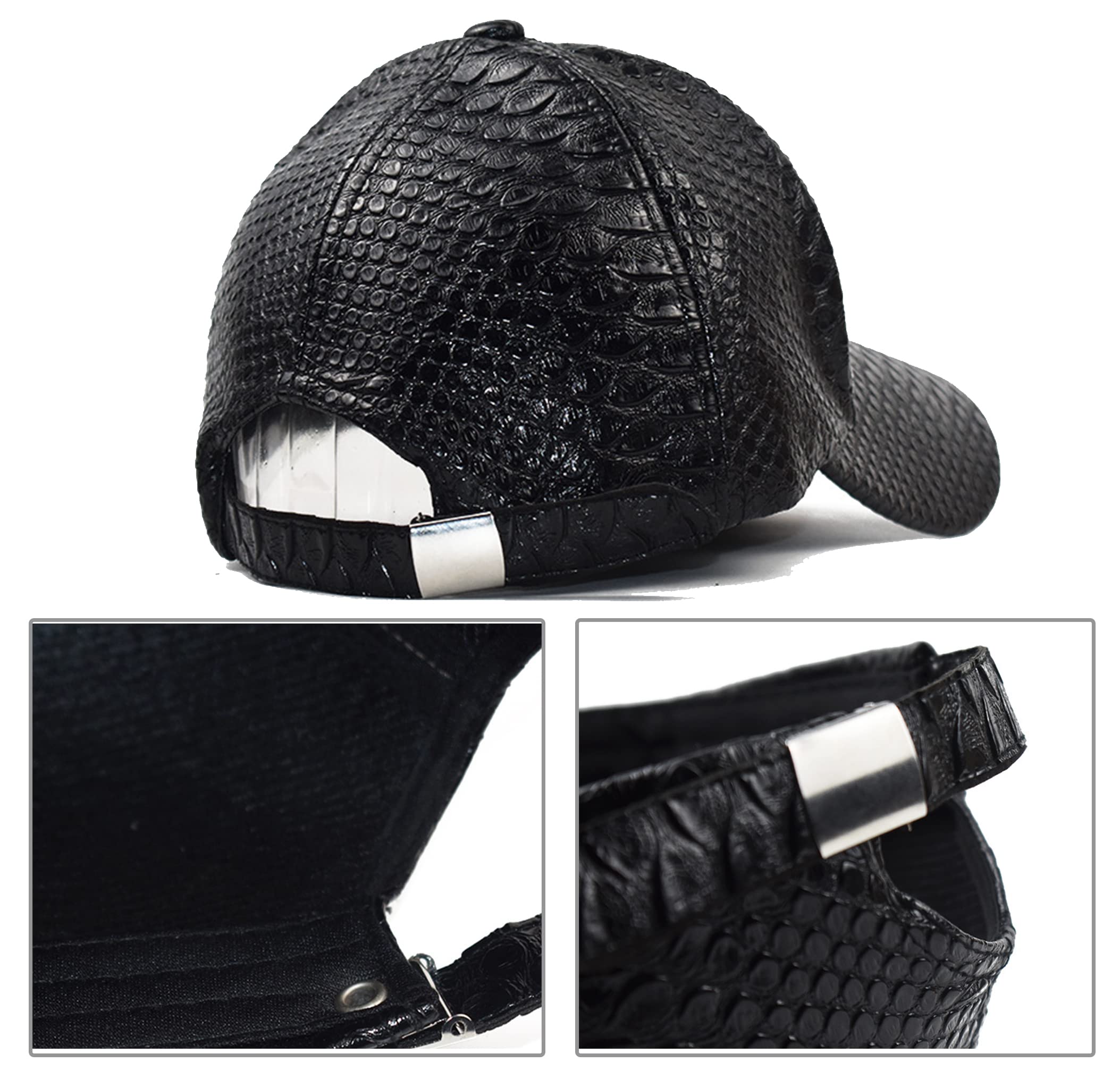 IZUS Women-Men PU-Leather Snakeskin-Embossed Baseball-Cap Cool-Hip-Hop Trucker-Hats Adjustable Casual-Dad-Hat for Medium Black