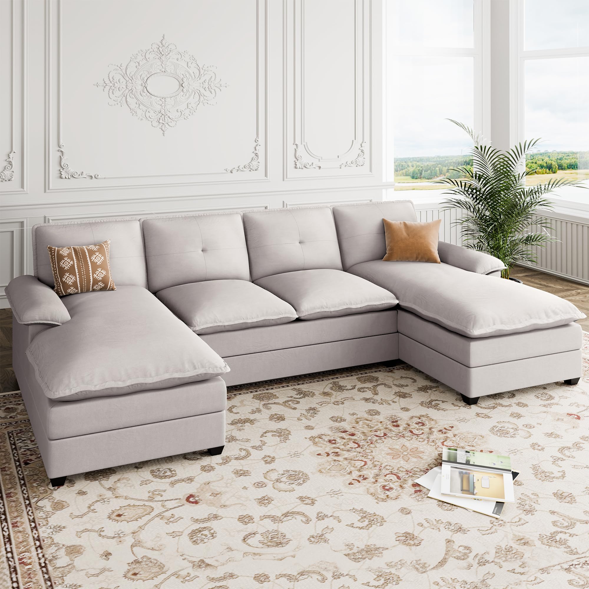 Shintenchi 110" Modular Sectional Couches for Living Room, U-Shaped Sofa Couch with Double Chaise, 4 Seat Sofa Sets with Thick Cushion & Soft Backrest, Creamy White