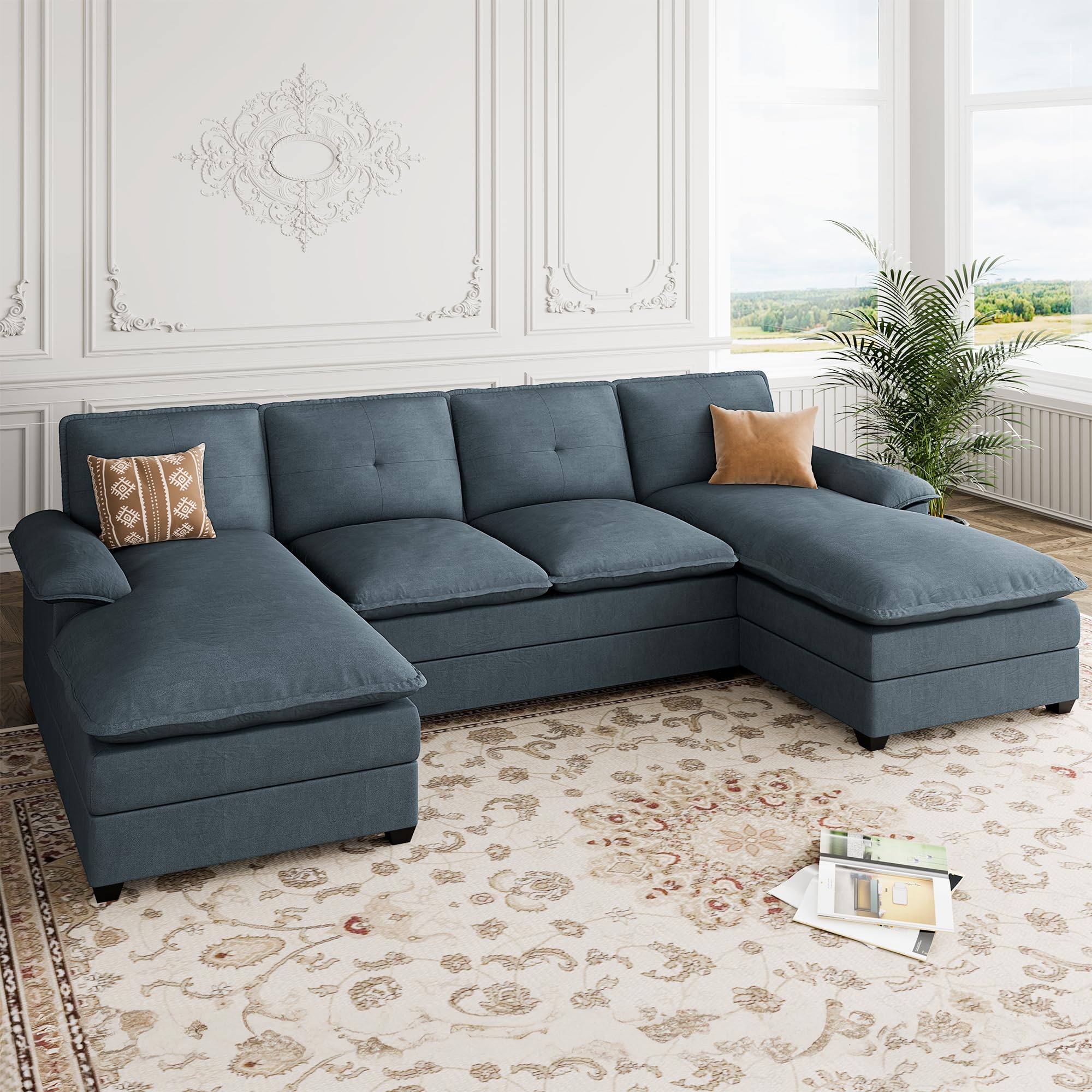 Shintenchi 110" Modular Sectional Couches for Living Room, U-Shaped Sofa Couch with Double Chaise, 4 Seat Sofa Sets with Thick Cushion & Soft Backrest, Dark Grey