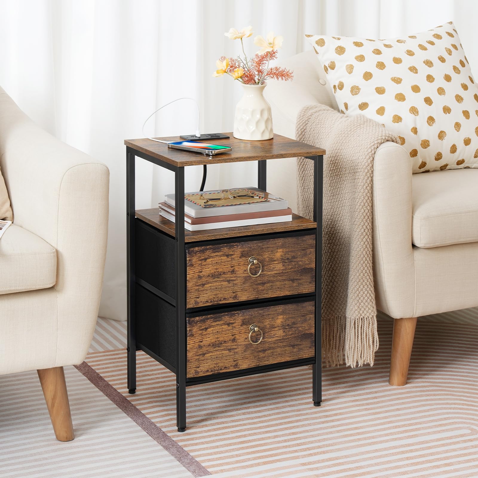 HOOBRO Nightstand with Charging Station, Set of 2, Fabric Drawers, 2-Tier Side Table, End Table with Socket and USB Ports, Bedside Table for Bedroom, Study Room, Rustic Brown and Black BF49UBZP201