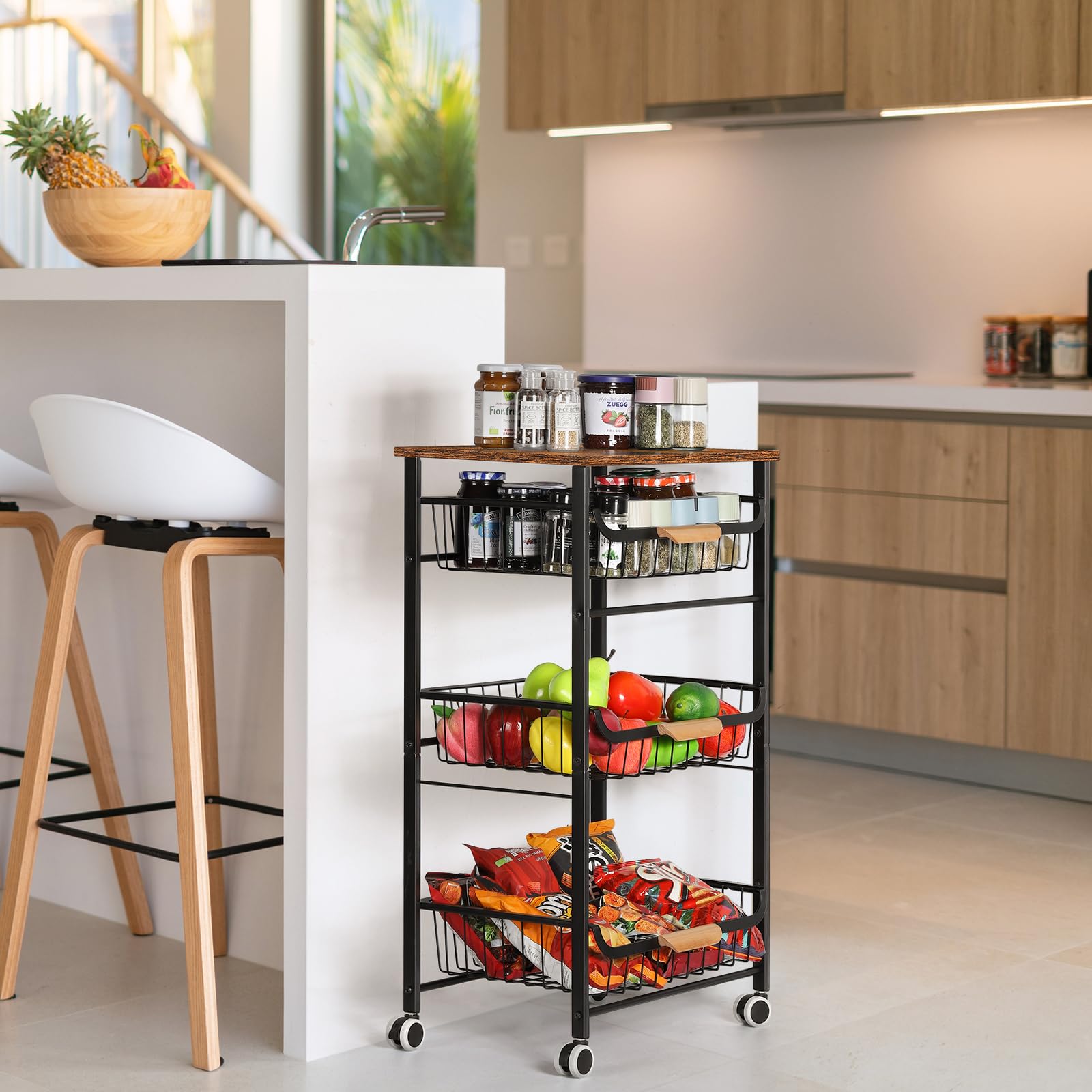HEOMU 5 Tier Rolling Kitchen Storage Cart, Metal Microwave Stand Kitchen Island Cart on Wheels with Storage for Kitchen, Bathroom, Living Room, Bar, Office, Rustic Brown