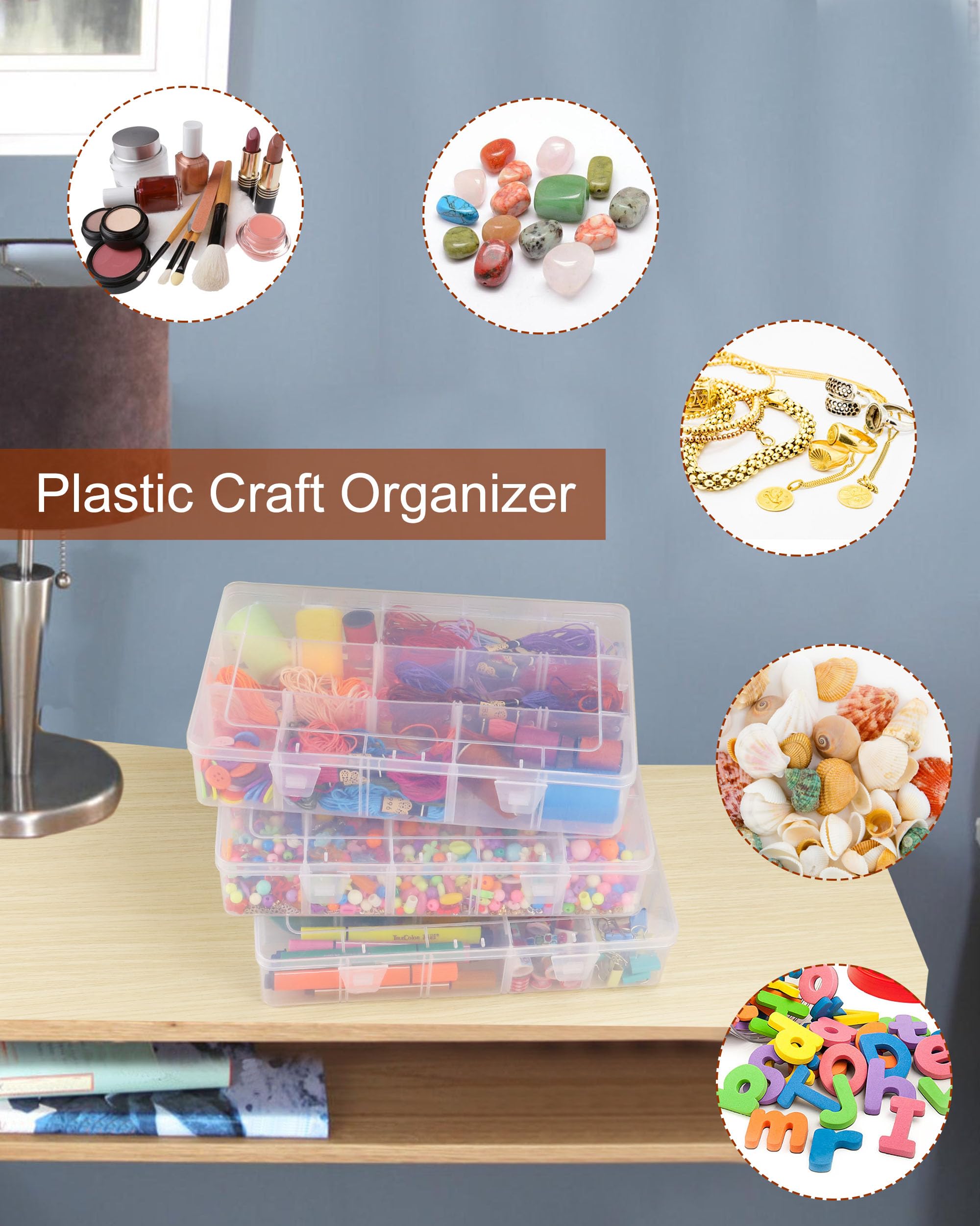 Wxvhji Tackle Box Organizer Plastic Organizer 3 Pack Bead Container Plastic Organizer Box with Dividers Plastic Jewelry Box Large 15 Grid Craft Organizer