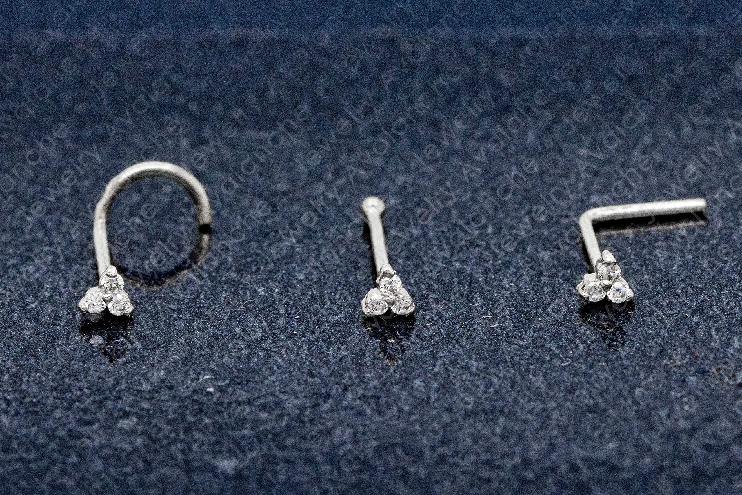 Jewelry Avalanche 3-Stone 0.015ctw Moissanite Nose Stud - 22G Solid 14Kt White Gold L-Shape Stud Nose Ring - April Birthstone Nose Stud LSWG310-MNT