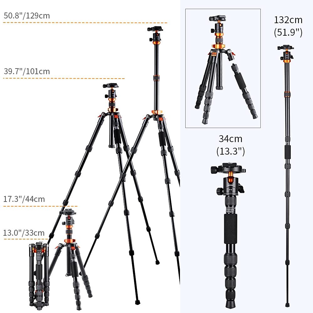 K&F Concept Camera Tripods,51 inch Lightweight Compact Tripod with 360 Degree Ball Head,Quick Release Plate,Detachable Monopod 8KG Load Capacity for SLR DSLR Camera C225A0+BH-25 (SA225M1)