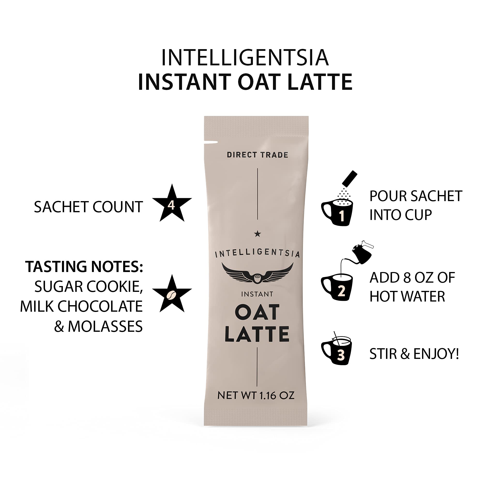 Intelligentsia, Instant Oat Latte - Instant Coffee Mix - 4 Single Serve Sachets (1 Box of 4 Packets), Made with Black Cat Espresso, Dairy Free, Direct Trade