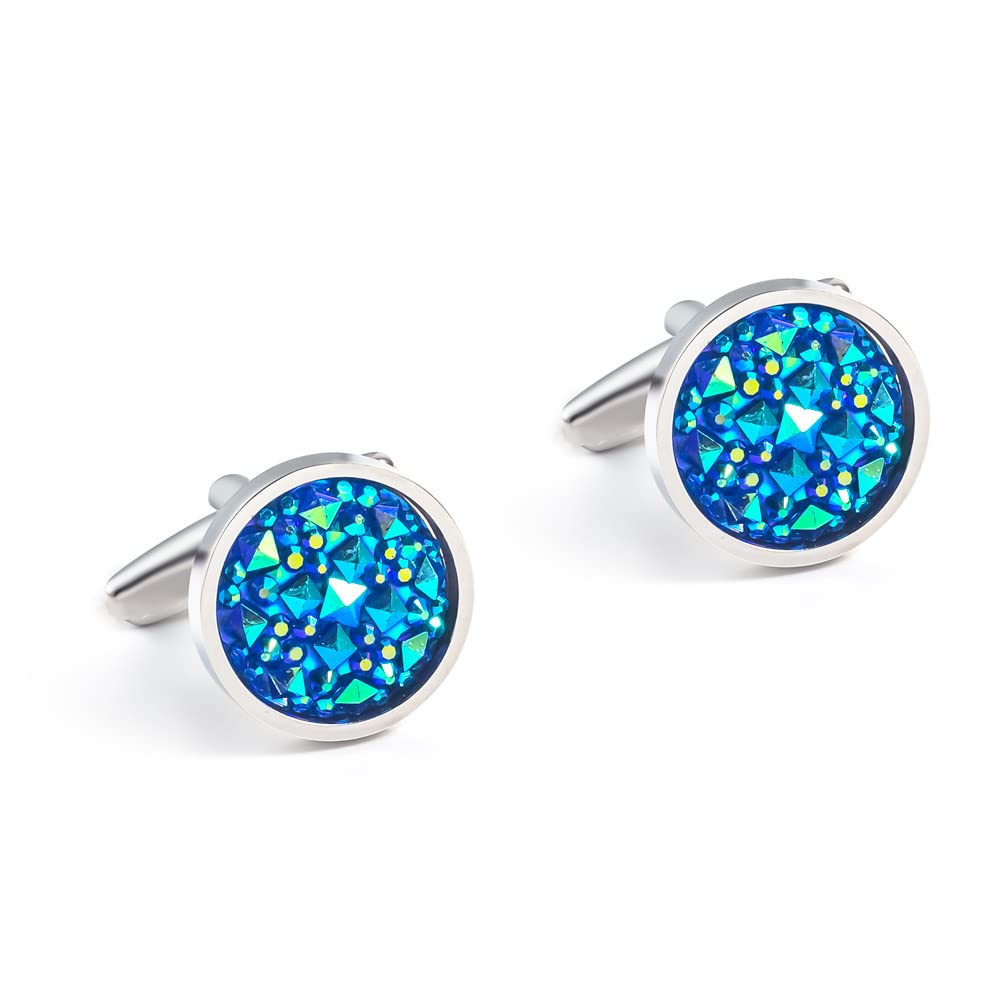 Men's tie Clip Cufflinks Men's French Shirt Suit Round Metallic Blue Broken Diamond Crystal Zircon Cufflinks