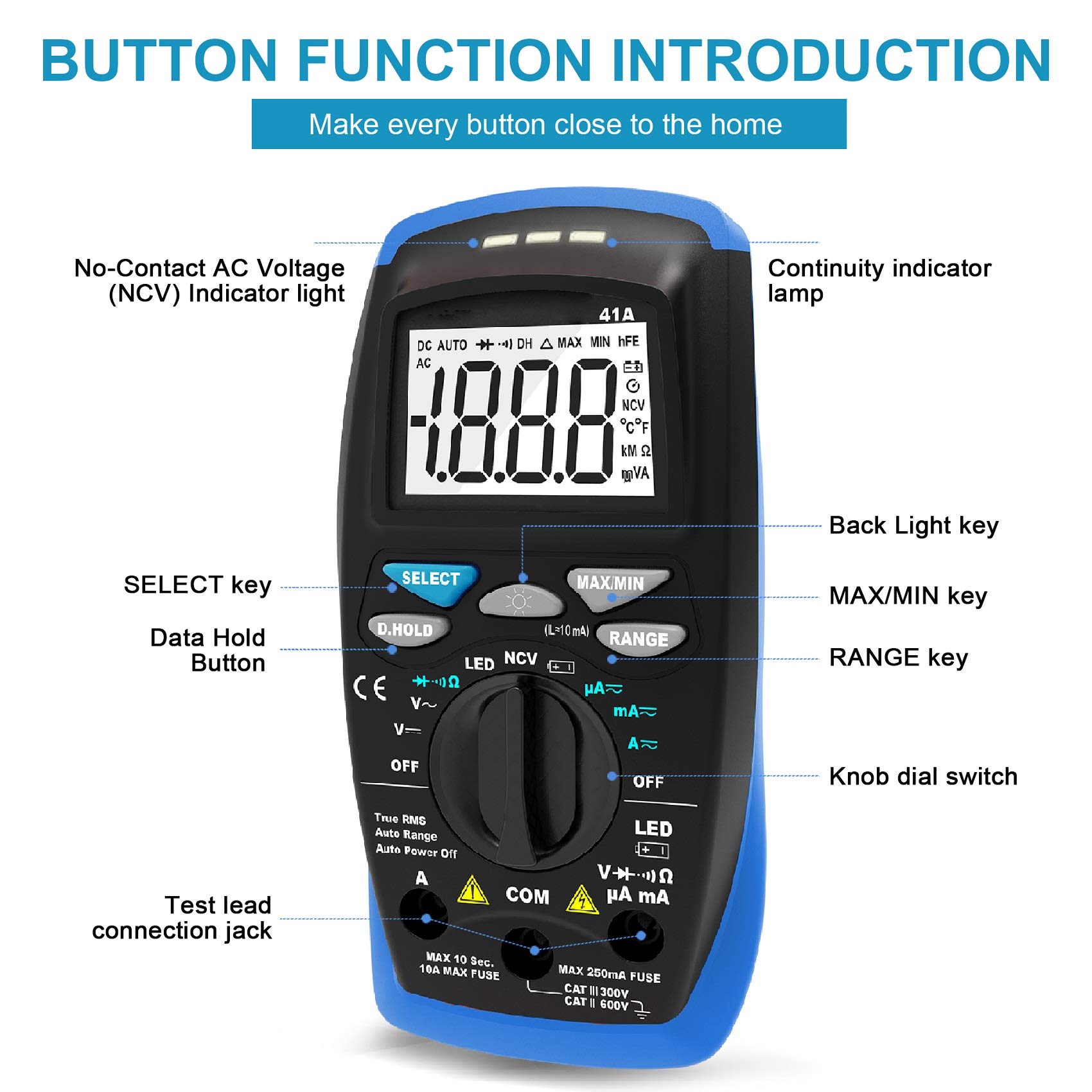 HOLDPEAK Digital Multimeter 41A DC/AC, True RMS Voltage Tester 2000 Counts Pocket Meter with Non-contact NCV Max/Min for Measuring DC/AC Voltage, Current, Resistance, LED, Diode