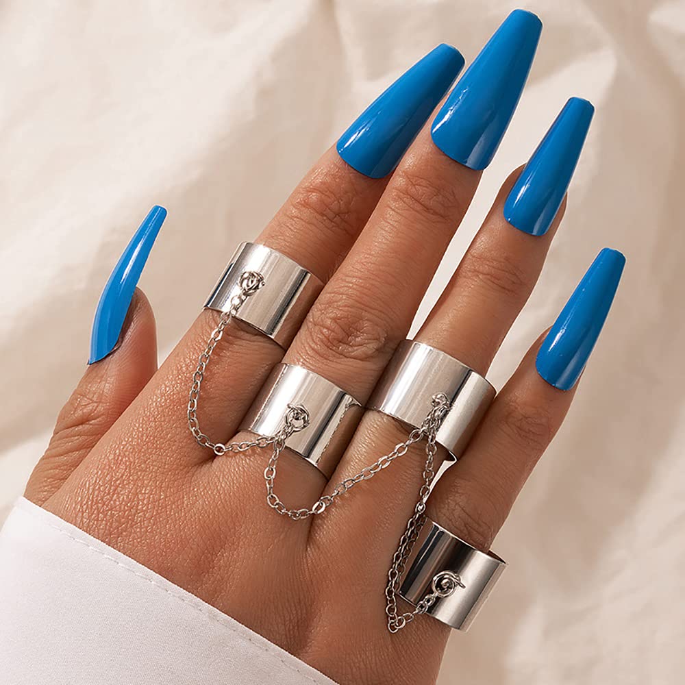 HUJUON 10-17Pcs Gothic Punk Rings Set,Vintage Chain Finger Rings Adjustable Alloy Biker Obsidian Chain Open Rings Knuckle Stackable Midi Ring Joint for Women (10pcs)